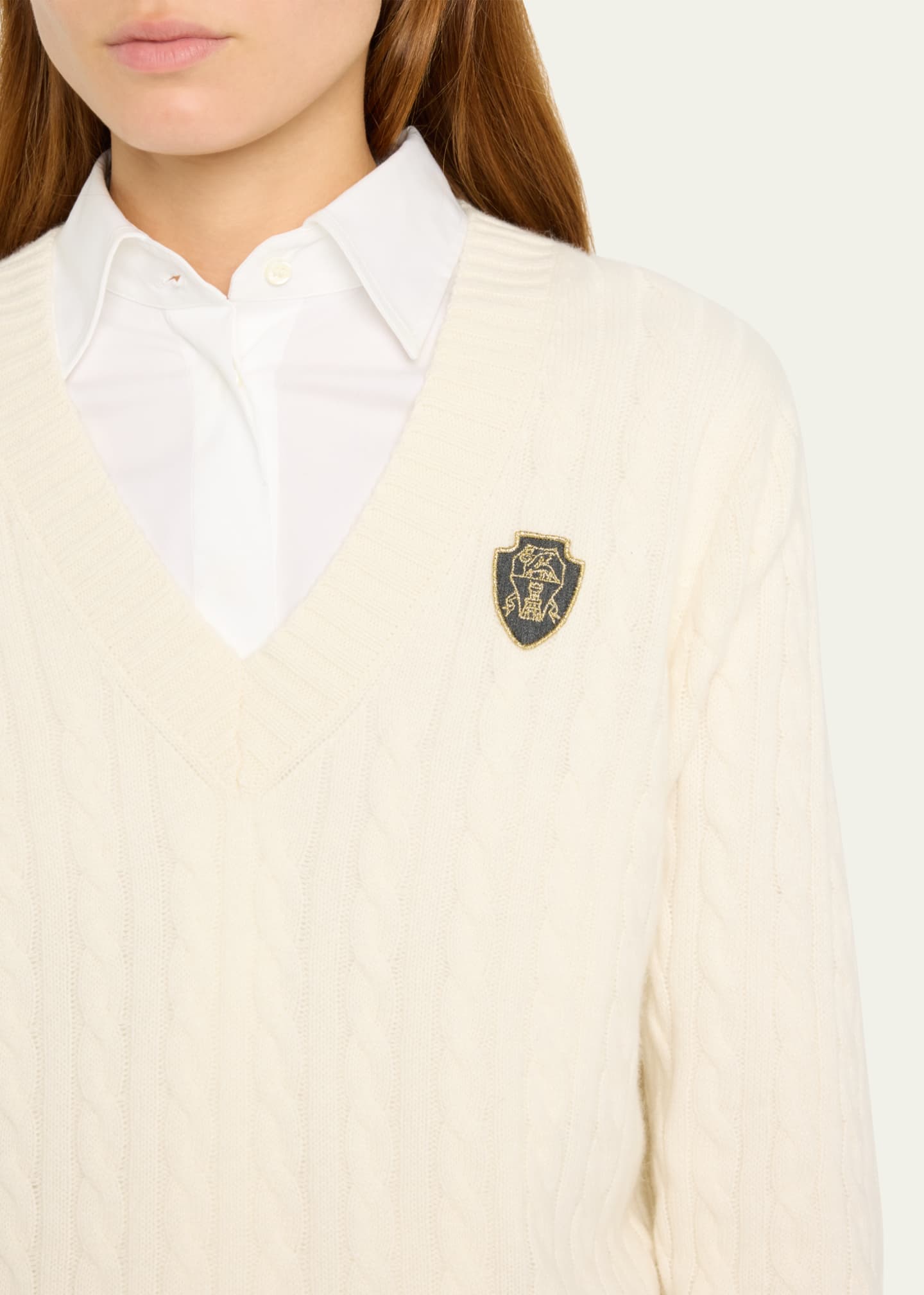 Brunello Cucinelli Cashmere Cable-Knit Sweater with Crest Embroidery ...