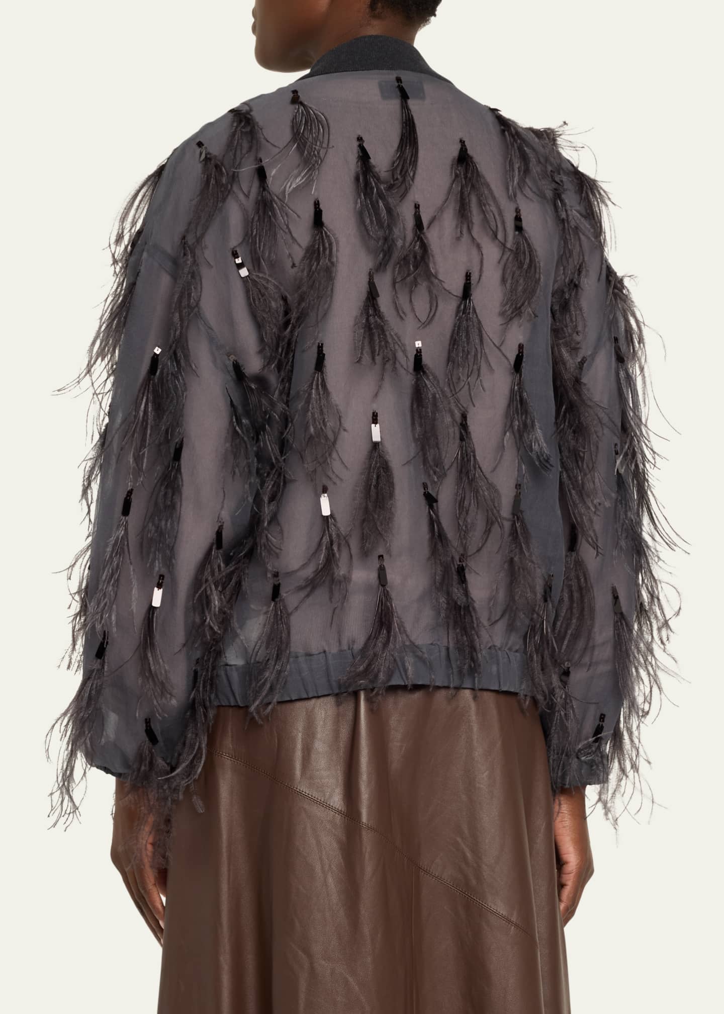 Brunello Cucinelli Crispy Silk Organza Bomber Jacket with Feather and ...