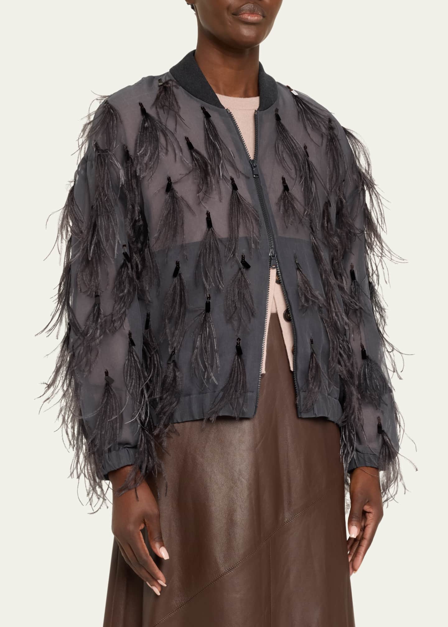 Brunello Cucinelli Crispy Silk Organza Bomber Jacket with Feather and ...