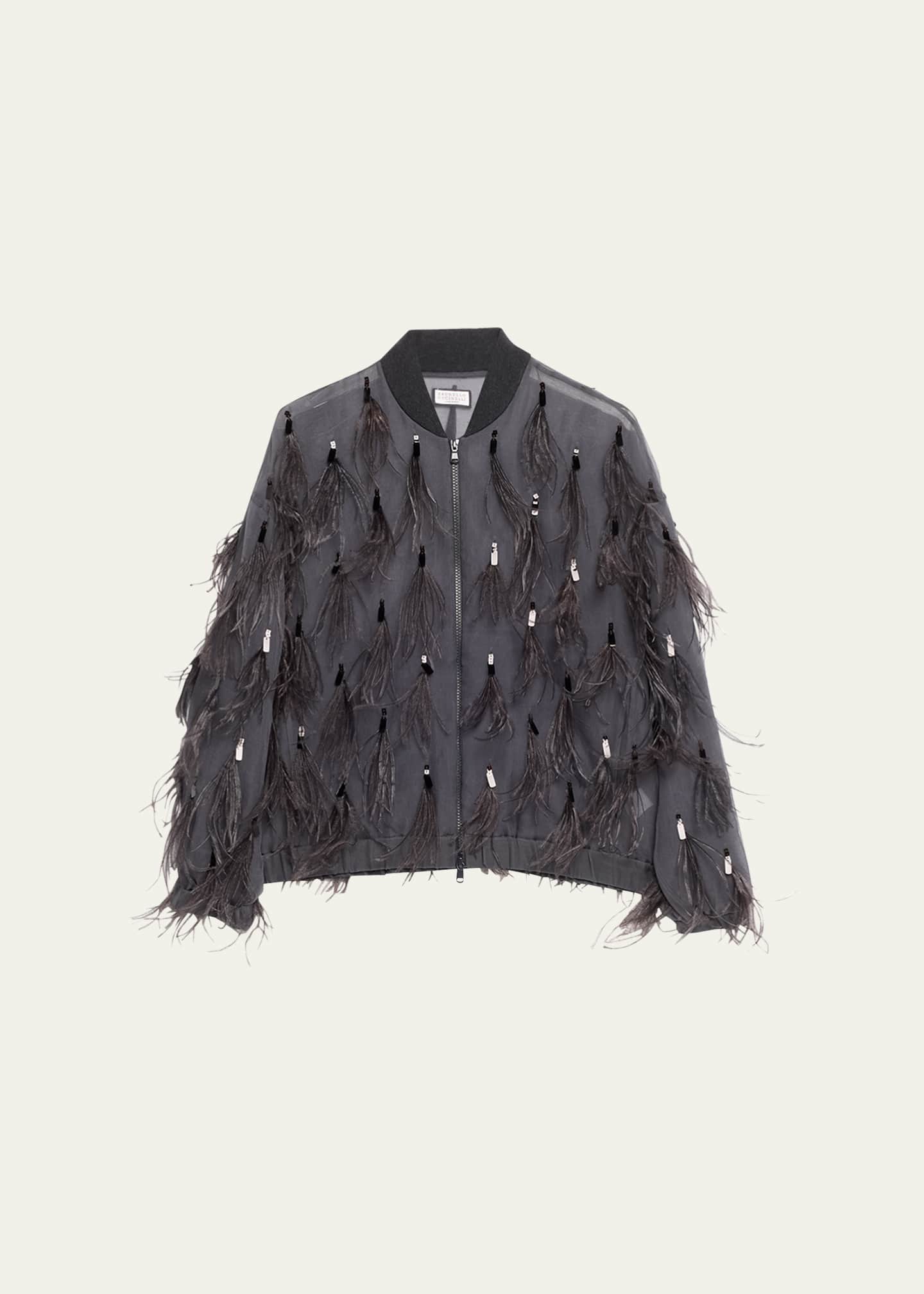 Brunello Cucinelli Crispy Silk Organza Bomber Jacket with Feather and ...