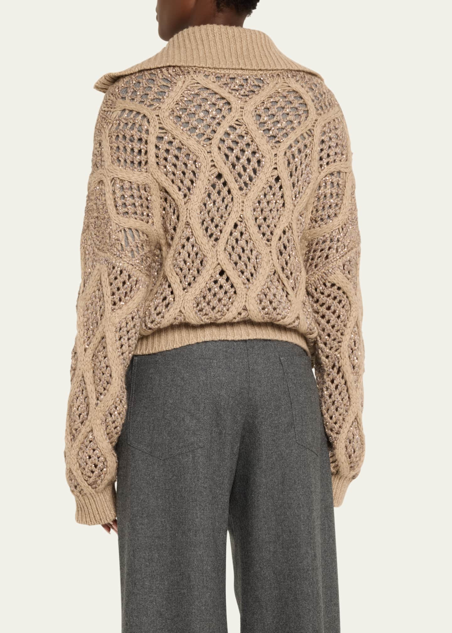 Brunello Cucinelli Opera Cashmere Cable and Net Zip-Up Cardigan with ...