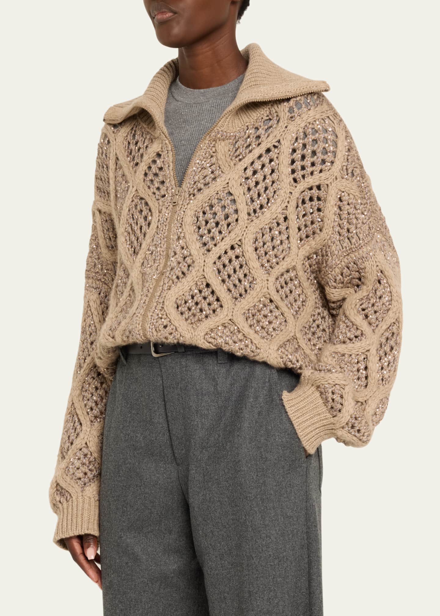 Brunello Cucinelli Opera Cashmere Cable and Net Zip-Up Cardigan with ...