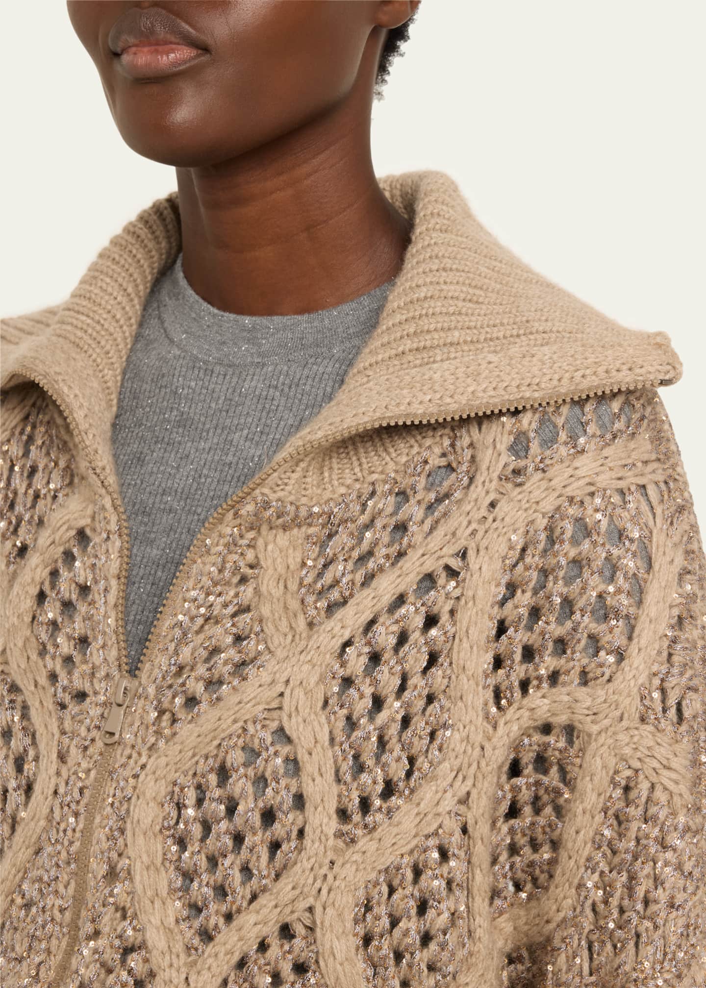 Brunello Cucinelli Opera Cashmere Cable and Net Zip-Up Cardigan with ...