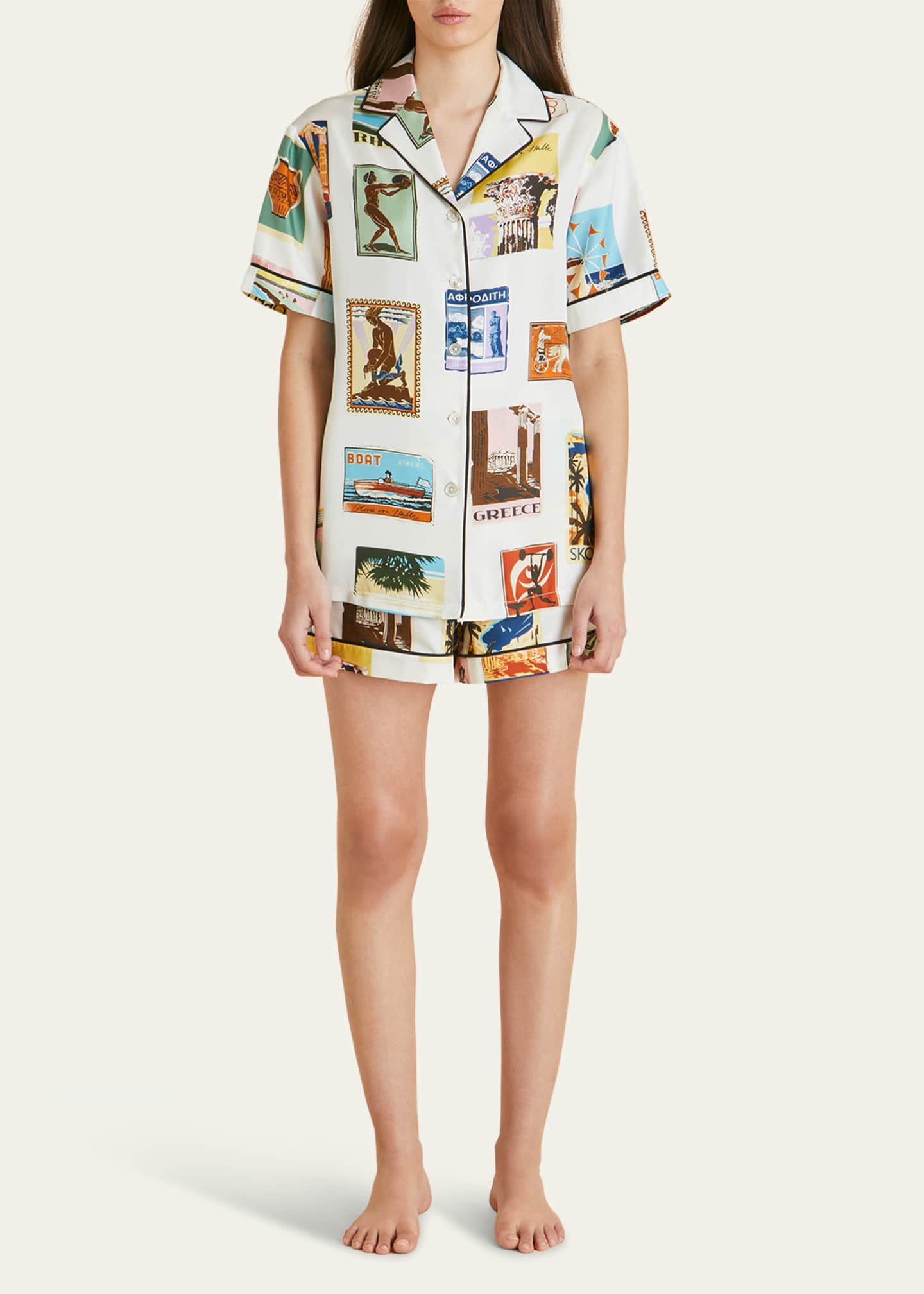 Olivia von Halle Ingo Postcard-Print Silk Shorty Pajama Set - Bergdorf ...