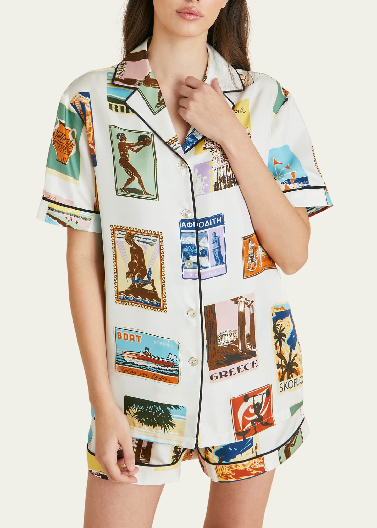Olivia von Halle Ingo Postcard-Print Silk Shorty Pajama Set - Bergdorf ...