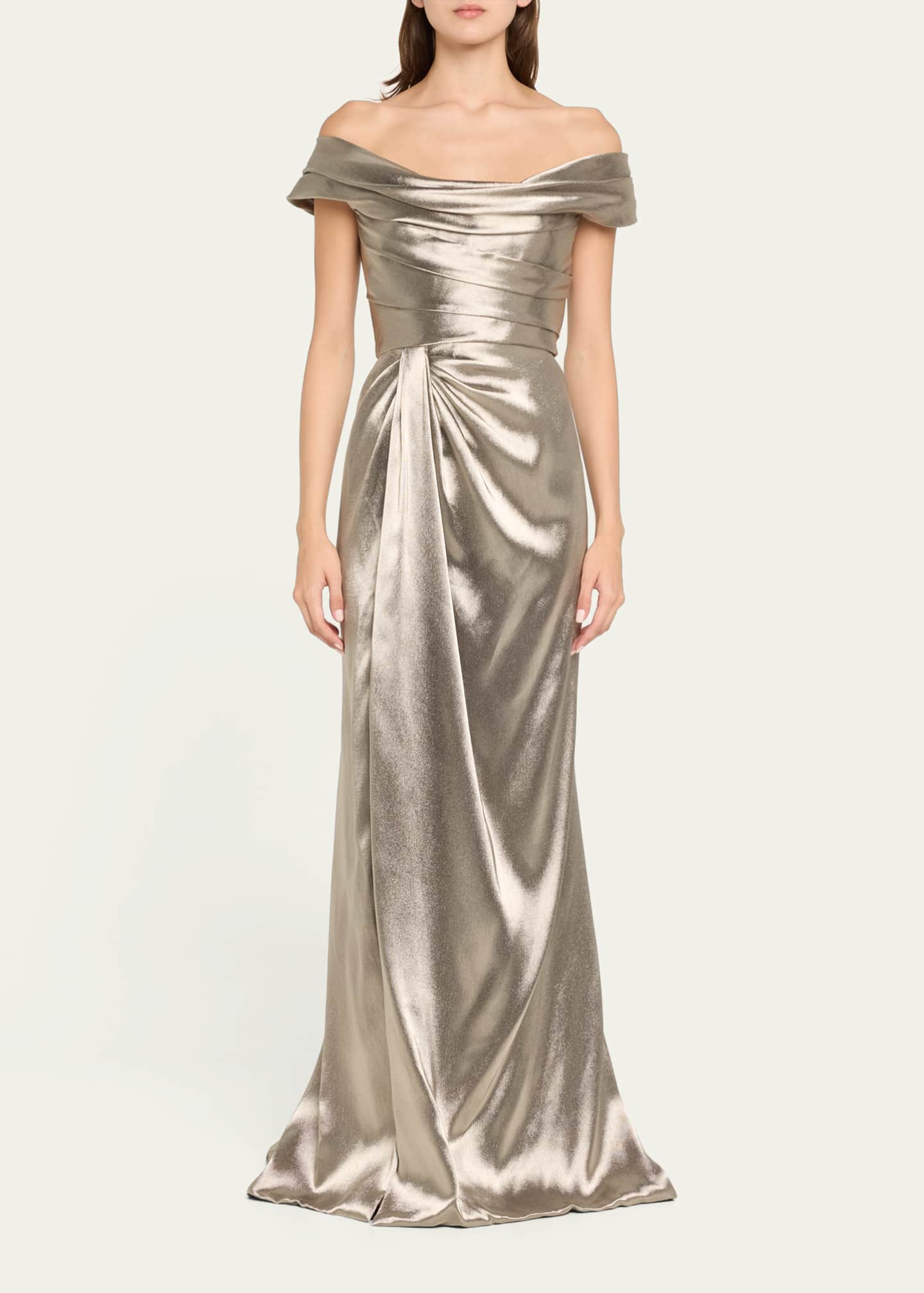 Marchesa Off-Shoulder Hand Draped Metallic Gown with Slit - Bergdorf ...