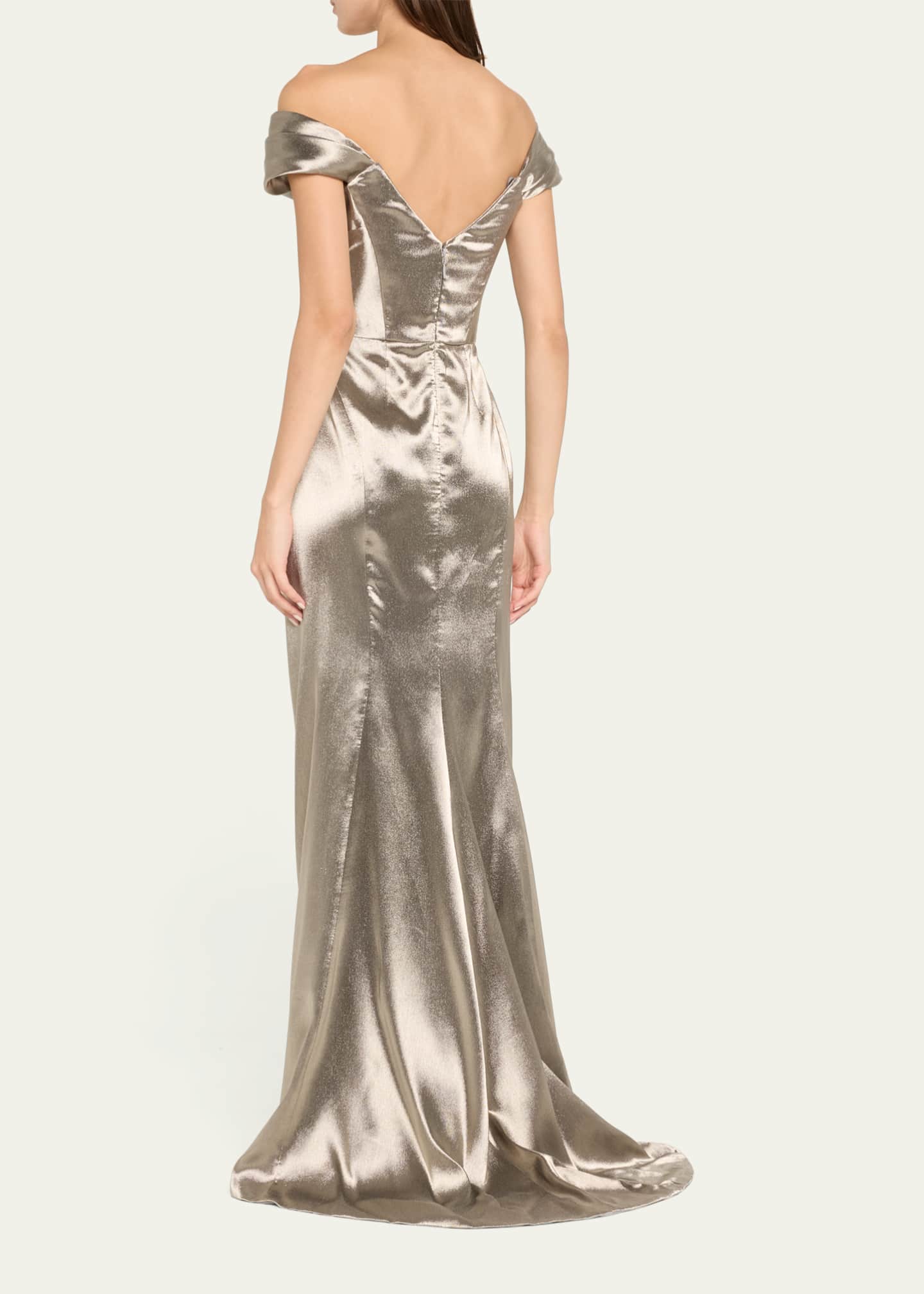 Marchesa Off-Shoulder Hand Draped Metallic Gown with Slit - Bergdorf ...