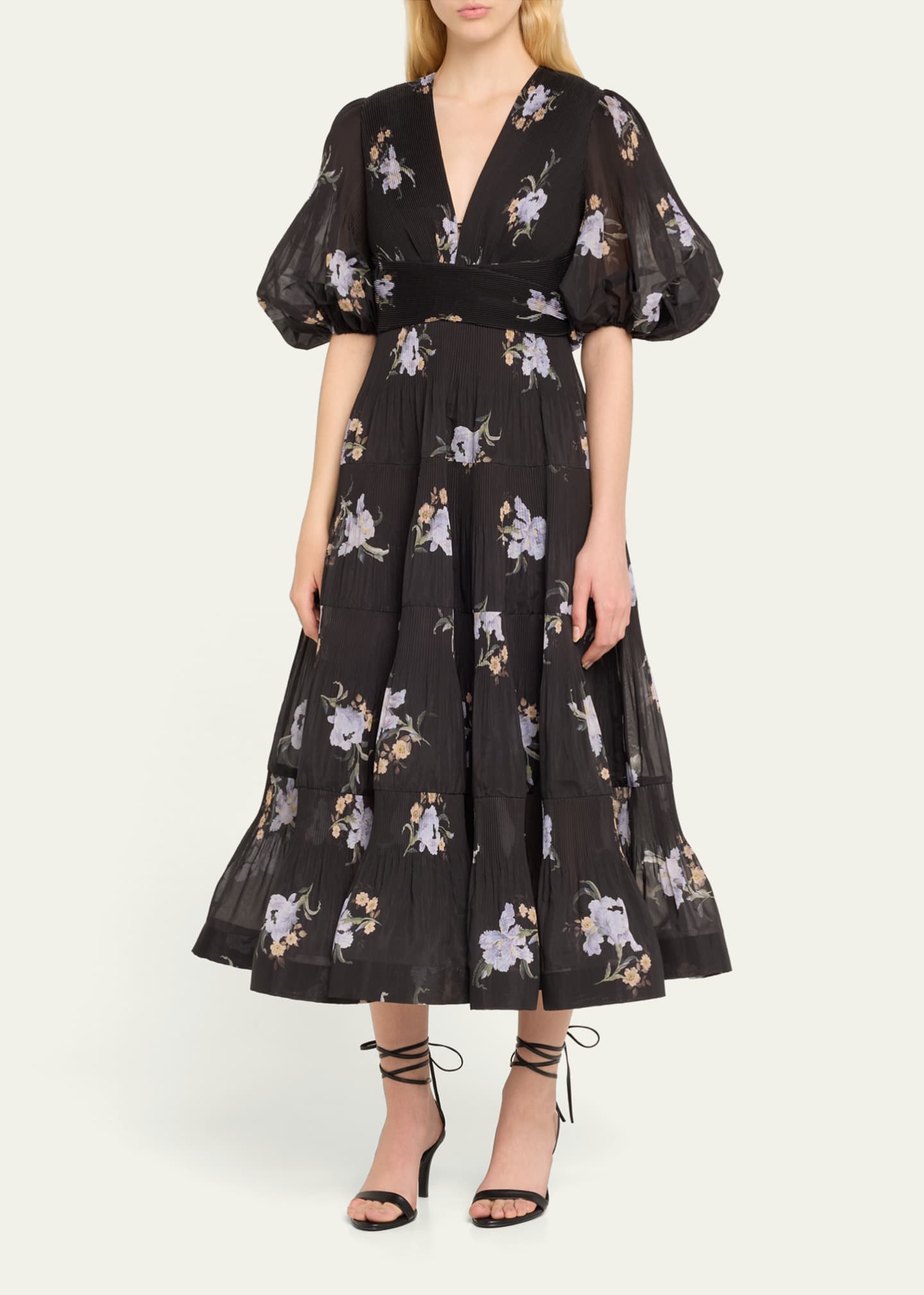 Zimmermann Pleated Puff-Sleeve Tiered Midi Dress - Bergdorf Goodman