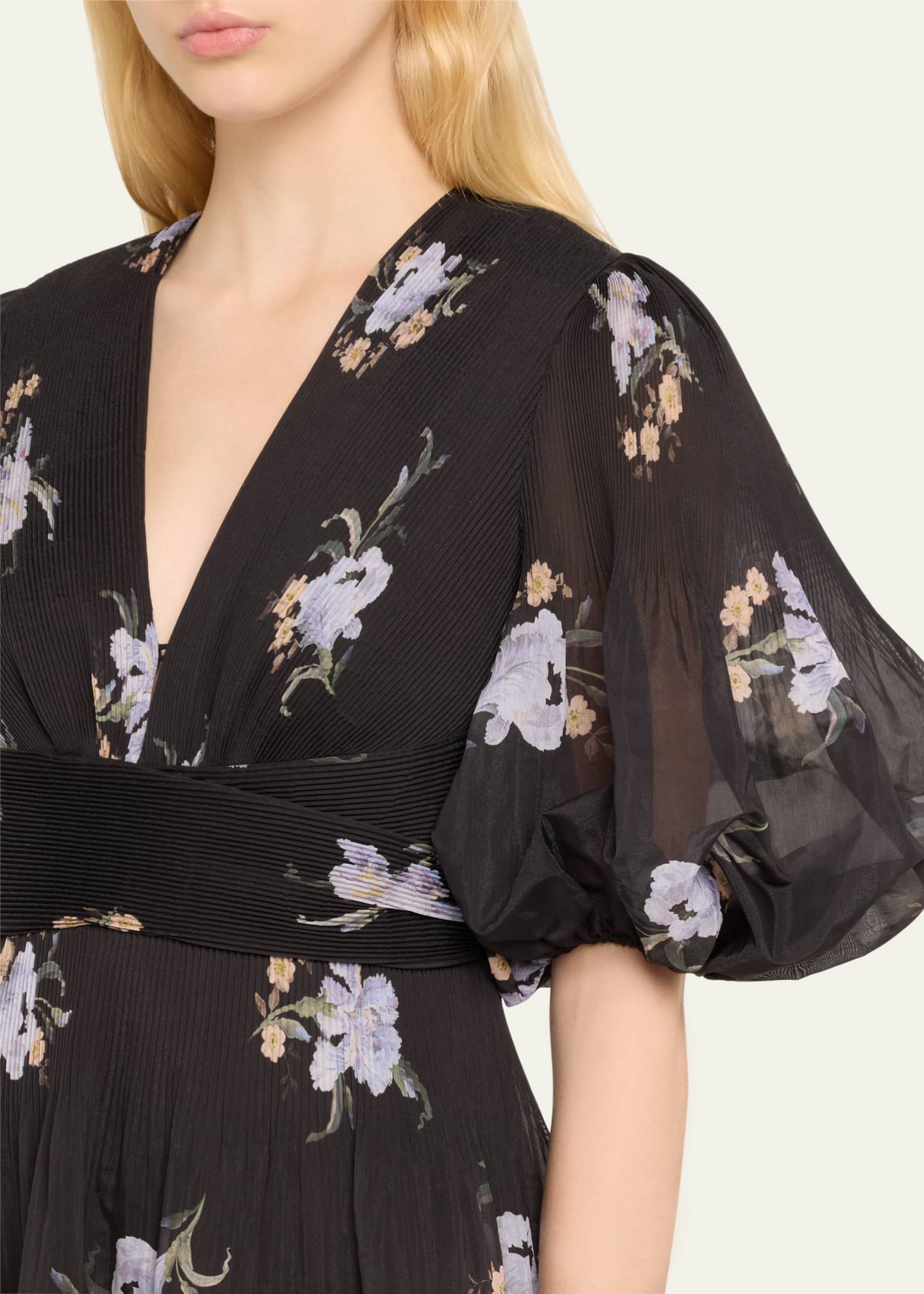 Zimmermann Pleated Puff-Sleeve Tiered Midi Dress - Bergdorf Goodman