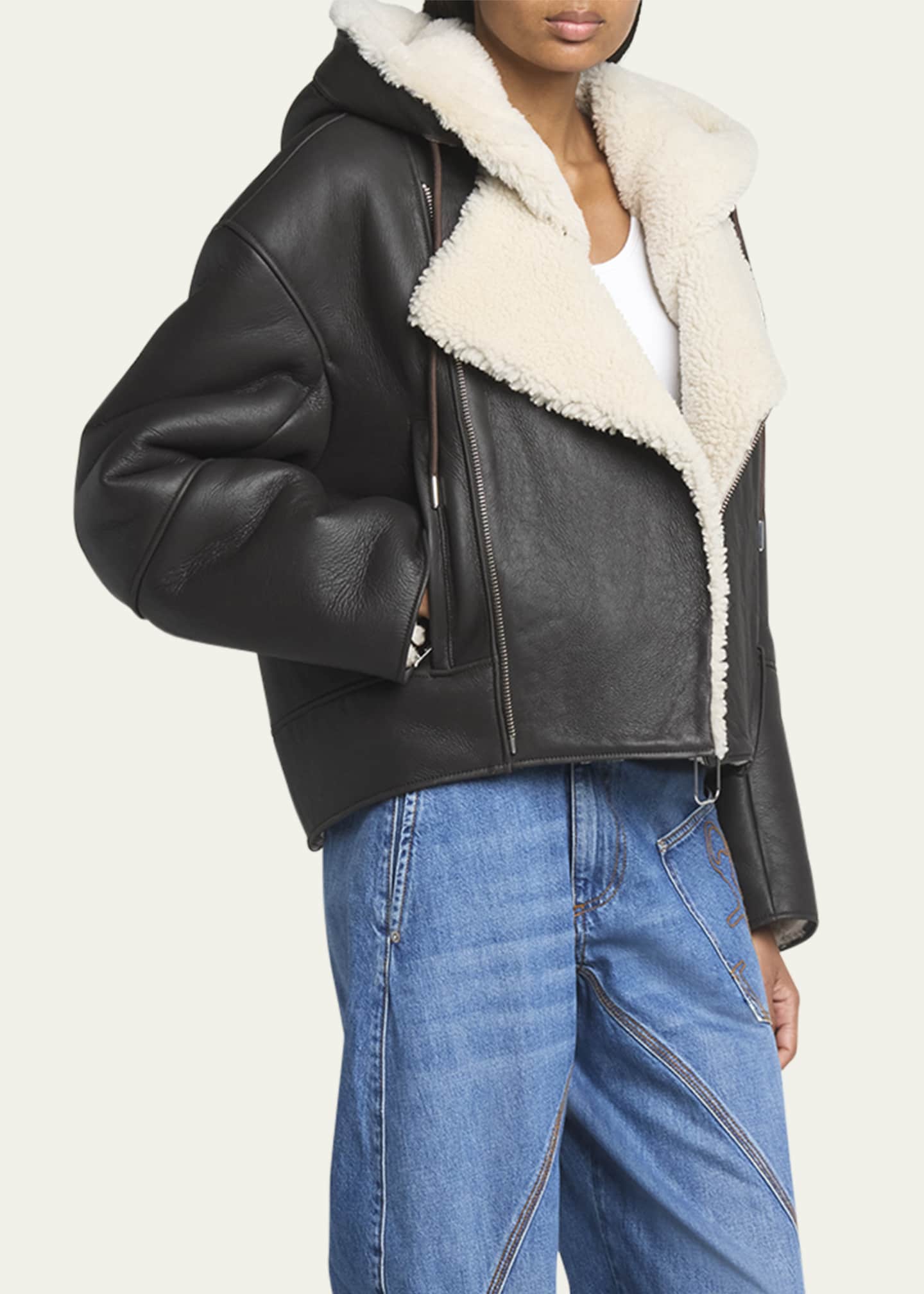 JW Anderson Shearling Hooded Leather Biker Jacket - Bergdorf Goodman