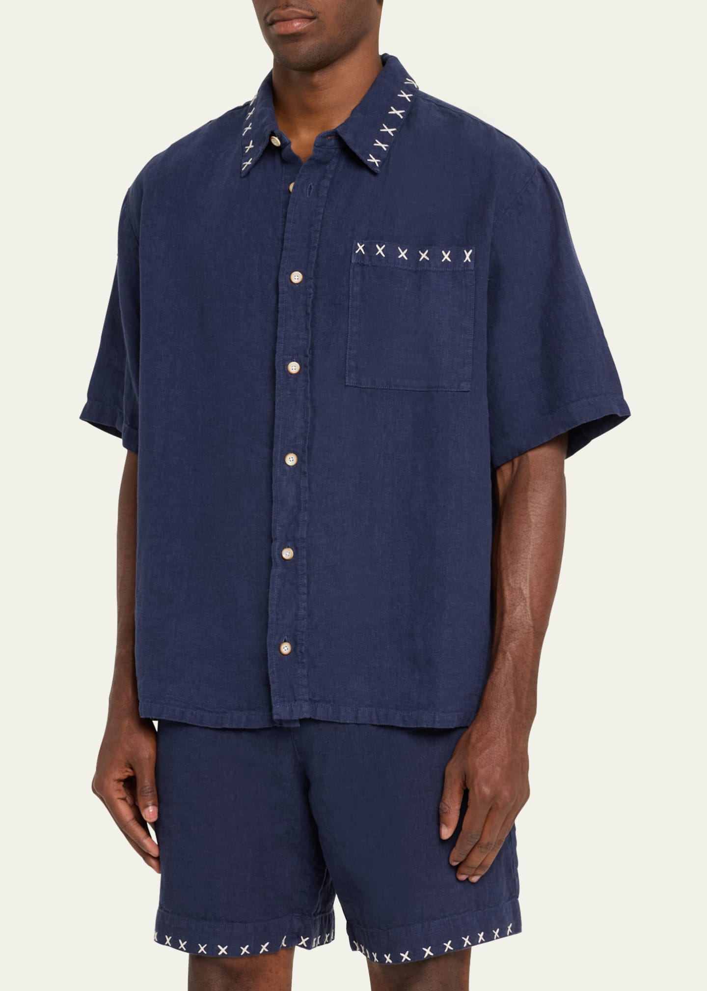 The Elder Statesman Men's Topstitched Linen Sport Shirt - Bergdorf Goodman
