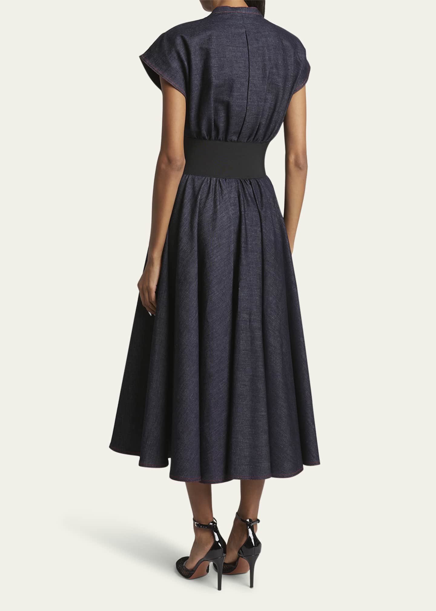 ALAIA Belted Denim Midi Dress with Contrast Seams - Bergdorf Goodman