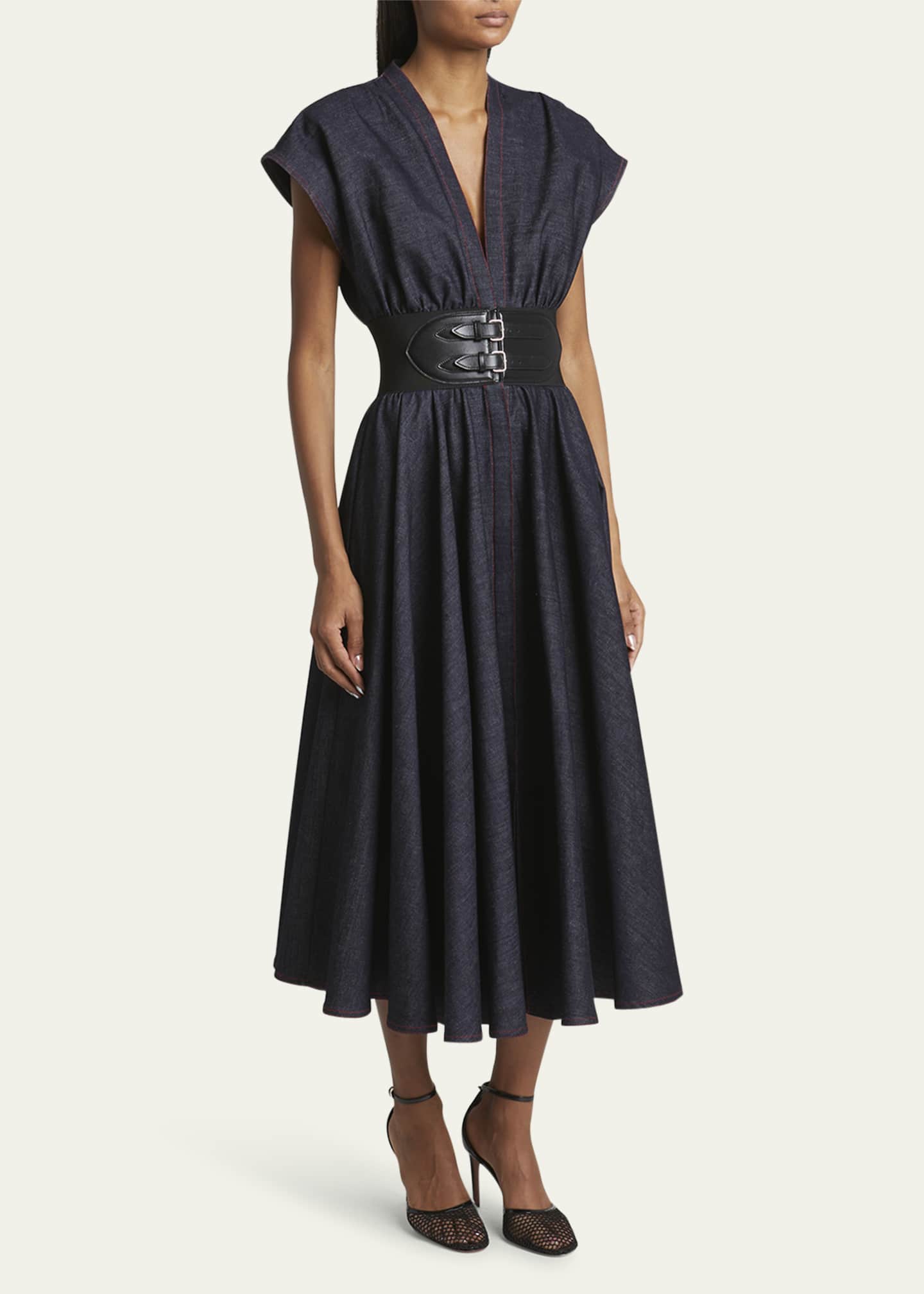 ALAIA Belted Denim Midi Dress with Contrast Seams - Bergdorf Goodman