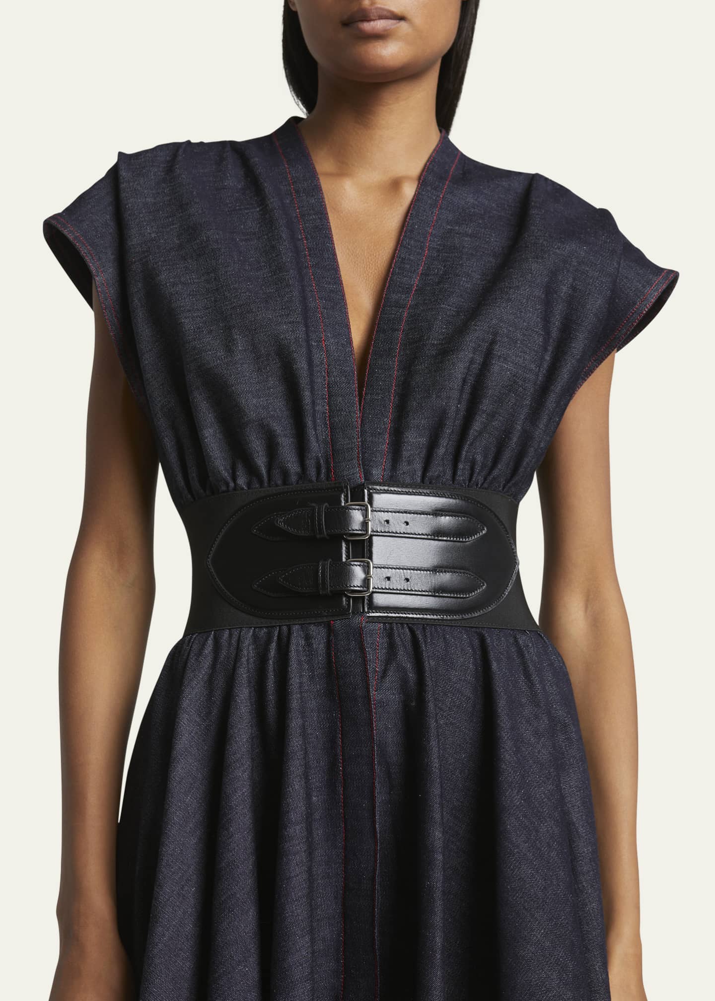 ALAIA Belted Denim Midi Dress with Contrast Seams - Bergdorf Goodman