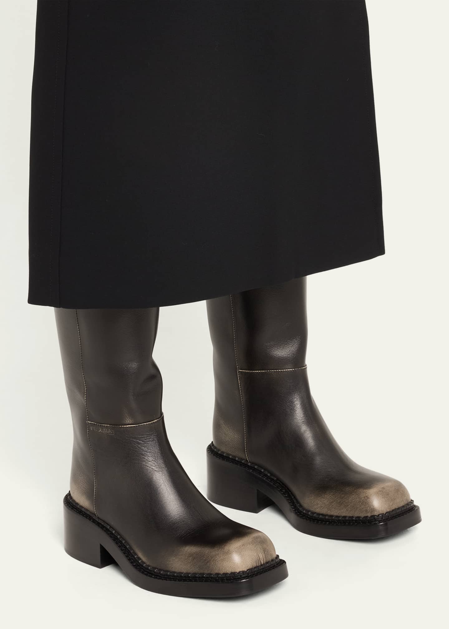 Prada Leather Square-Toe Tall Moto Boots - Bergdorf Goodman