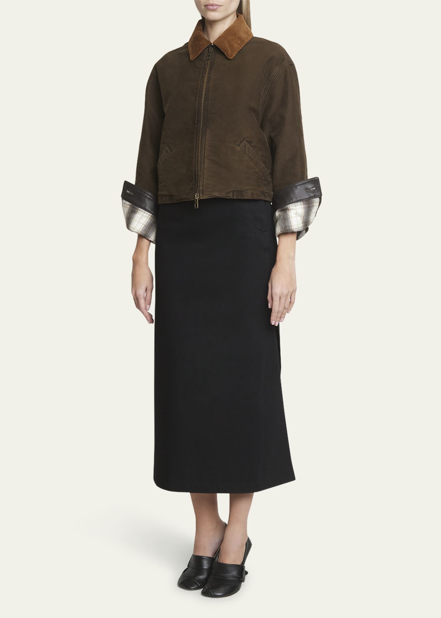 Loewe Corduroy Collared Zip Up Jacket with Plaid Sleeves - Bergdorf Goodman