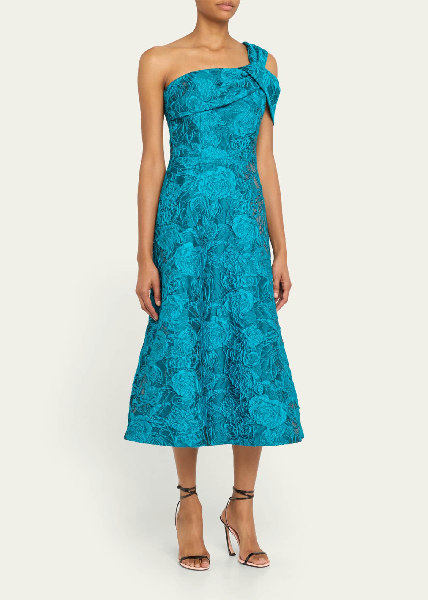 Rickie Freeman for Teri Jon One-Shoulder Floral Jacquard Midi Dress ...