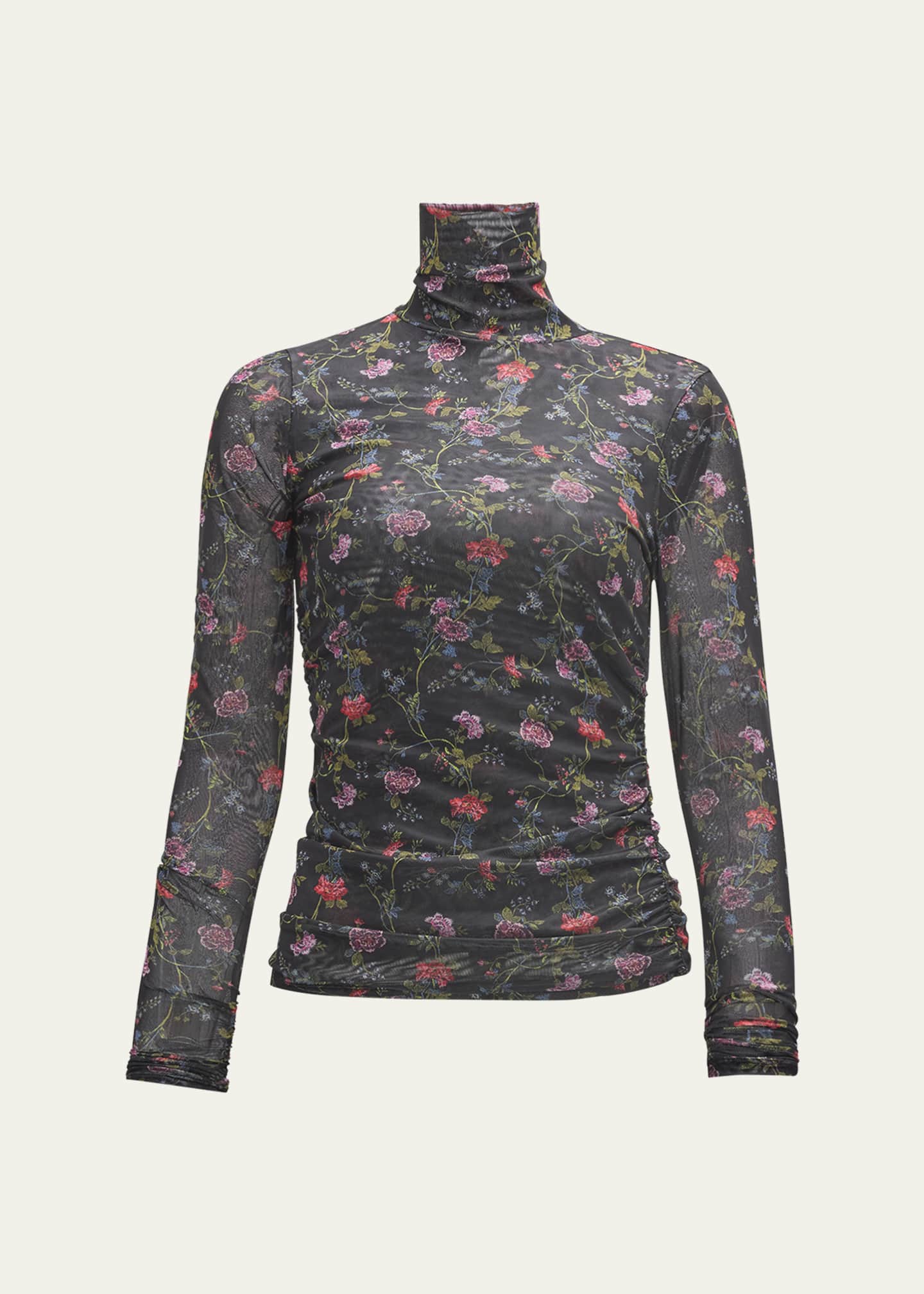 Cinq a Sept Hana Floral Shirred Mesh Turtleneck Top - Bergdorf Goodman