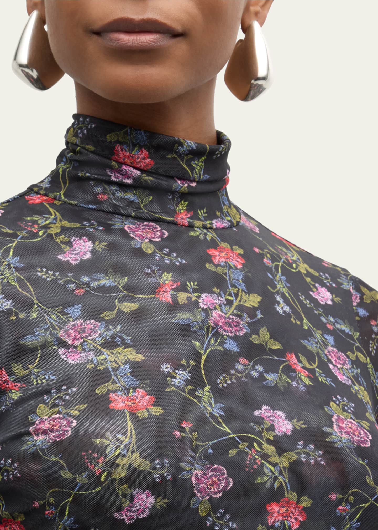 Cinq a Sept Hana Floral Shirred Mesh Turtleneck Top - Bergdorf Goodman