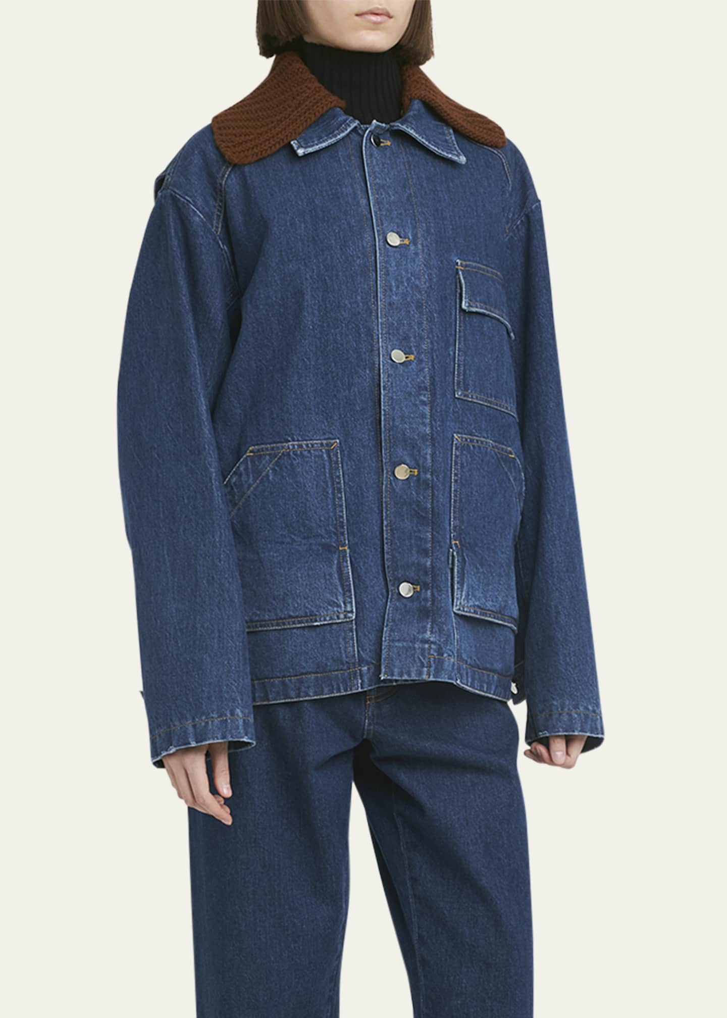 Plan C Denim Shirt Jacket with Knit Collar - Bergdorf Goodman