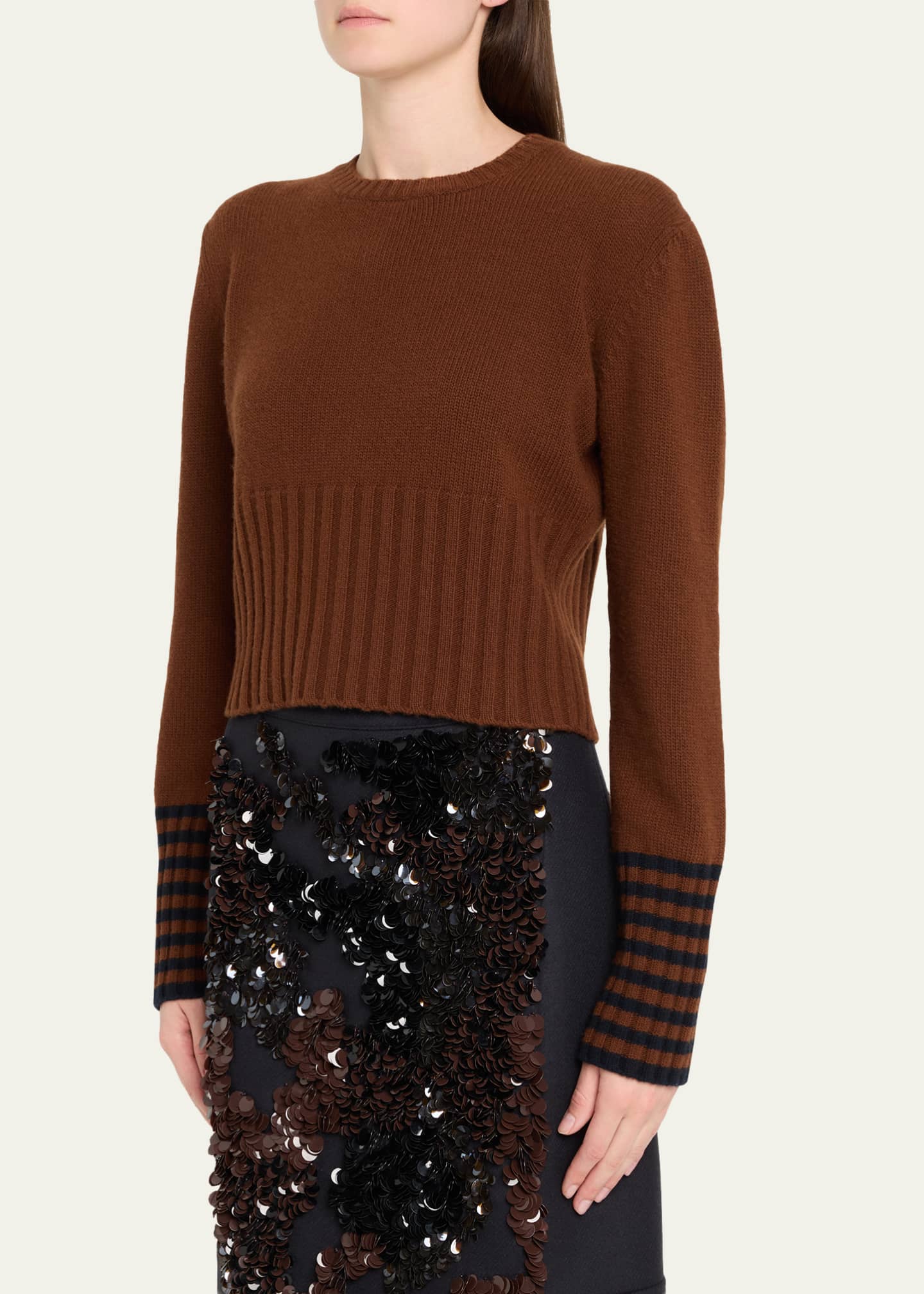 Plan C Contrast Cuffs Long-Sleeve Crewneck Knit Sweater - Bergdorf Goodman