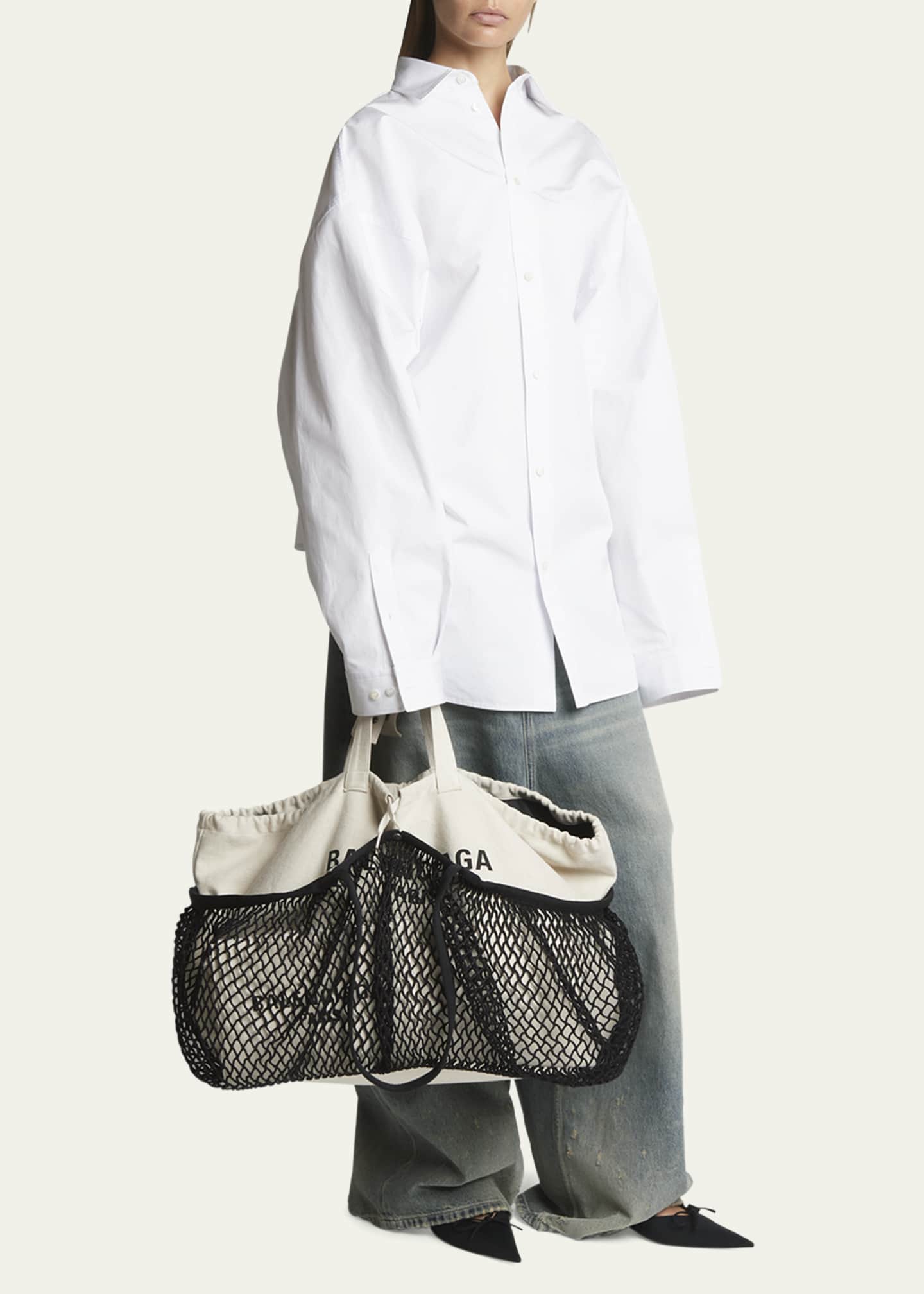 Balenciaga 24/7 Medium Washed Canvas and Fishnet Tote Bag - Bergdorf Goodman