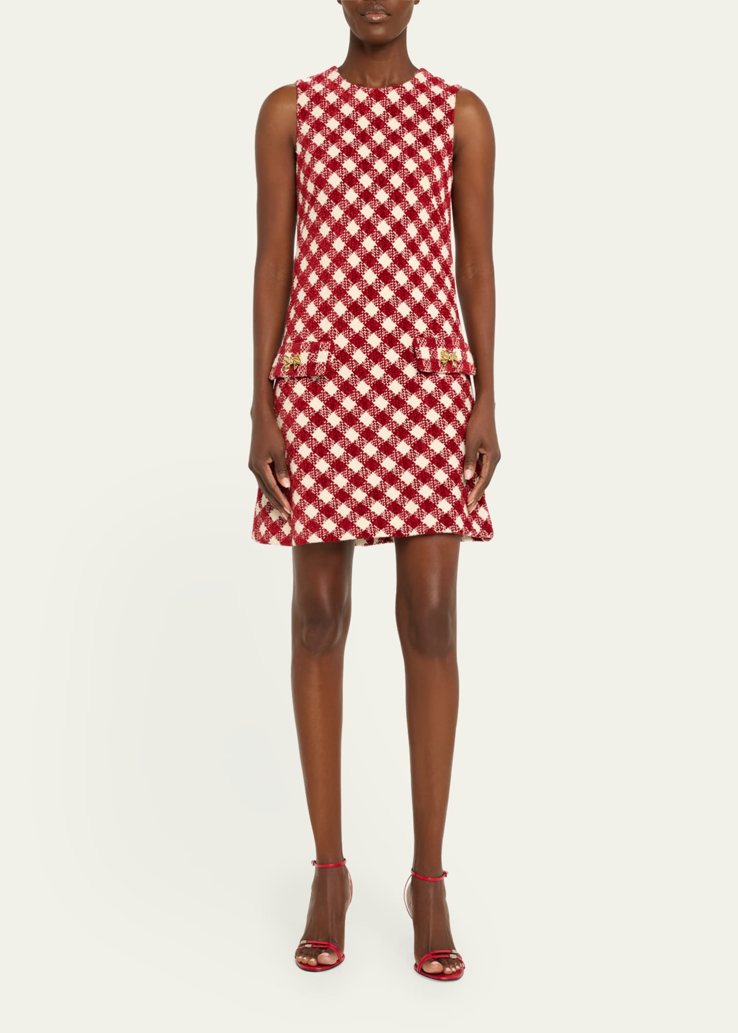 Oscar de la Renta Chenille Check Tweed Shift Dress with Bow Details ...