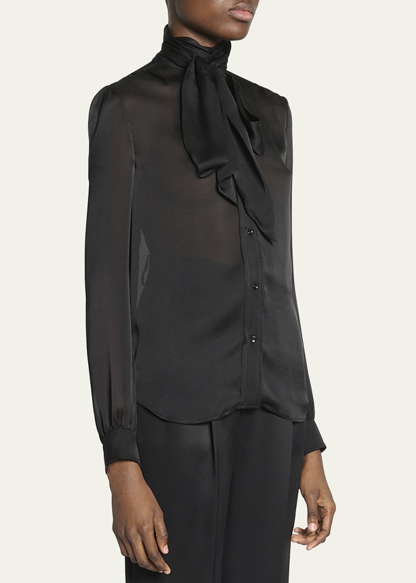 Saint Laurent Sheer Silk Tie Neck Blouse - Bergdorf Goodman