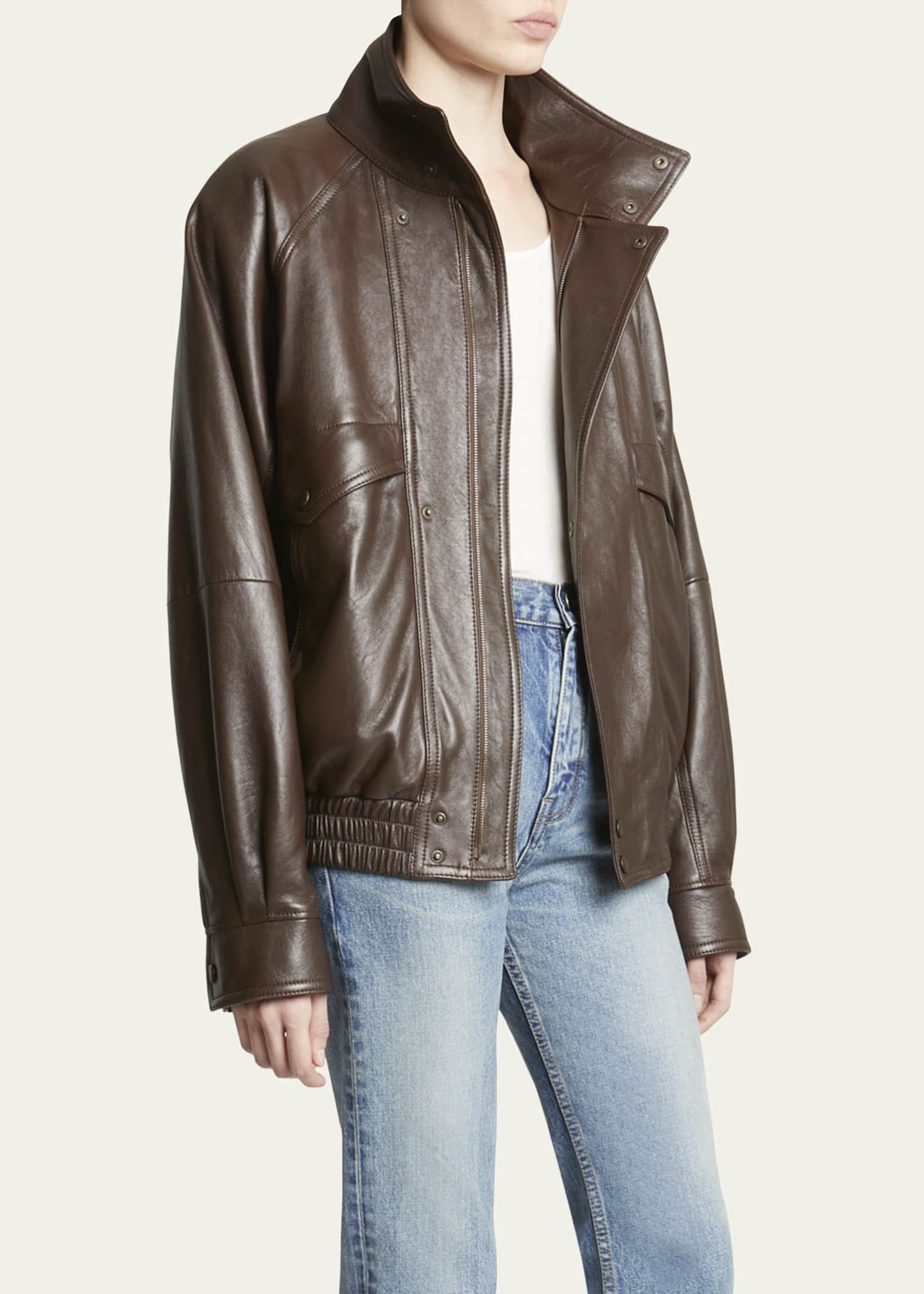 Saint Laurent Oversized High-Neck Leather Jacket - Bergdorf Goodman