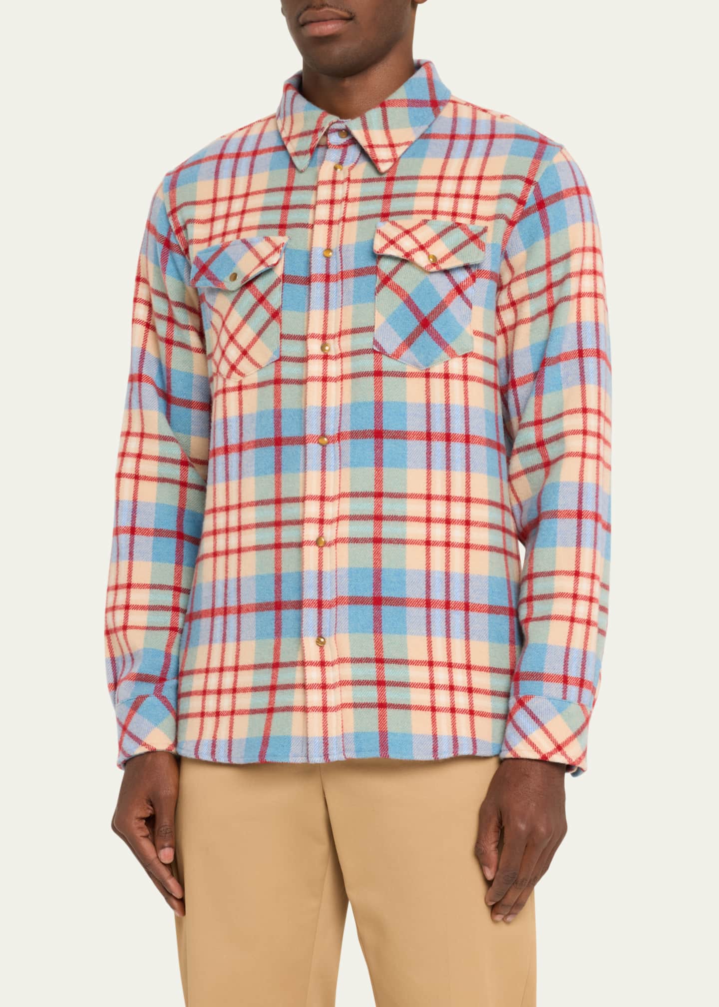 God's True Cashmere Men's Plaid Cashmere Shirt with Tiger's Eye Snaps ...