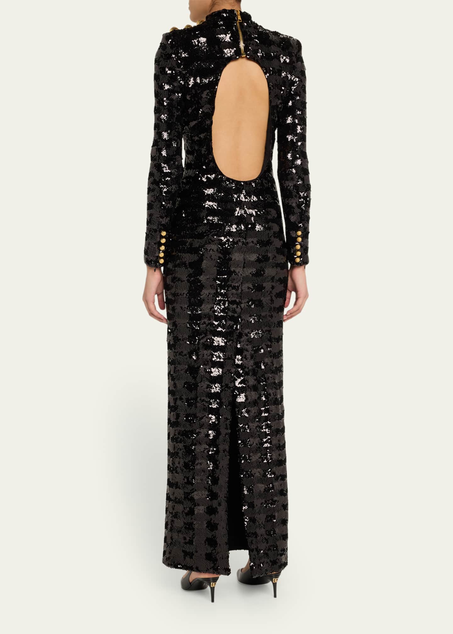 Balmain Three-Button Sequin Embroidered Backless Gown - Bergdorf Goodman