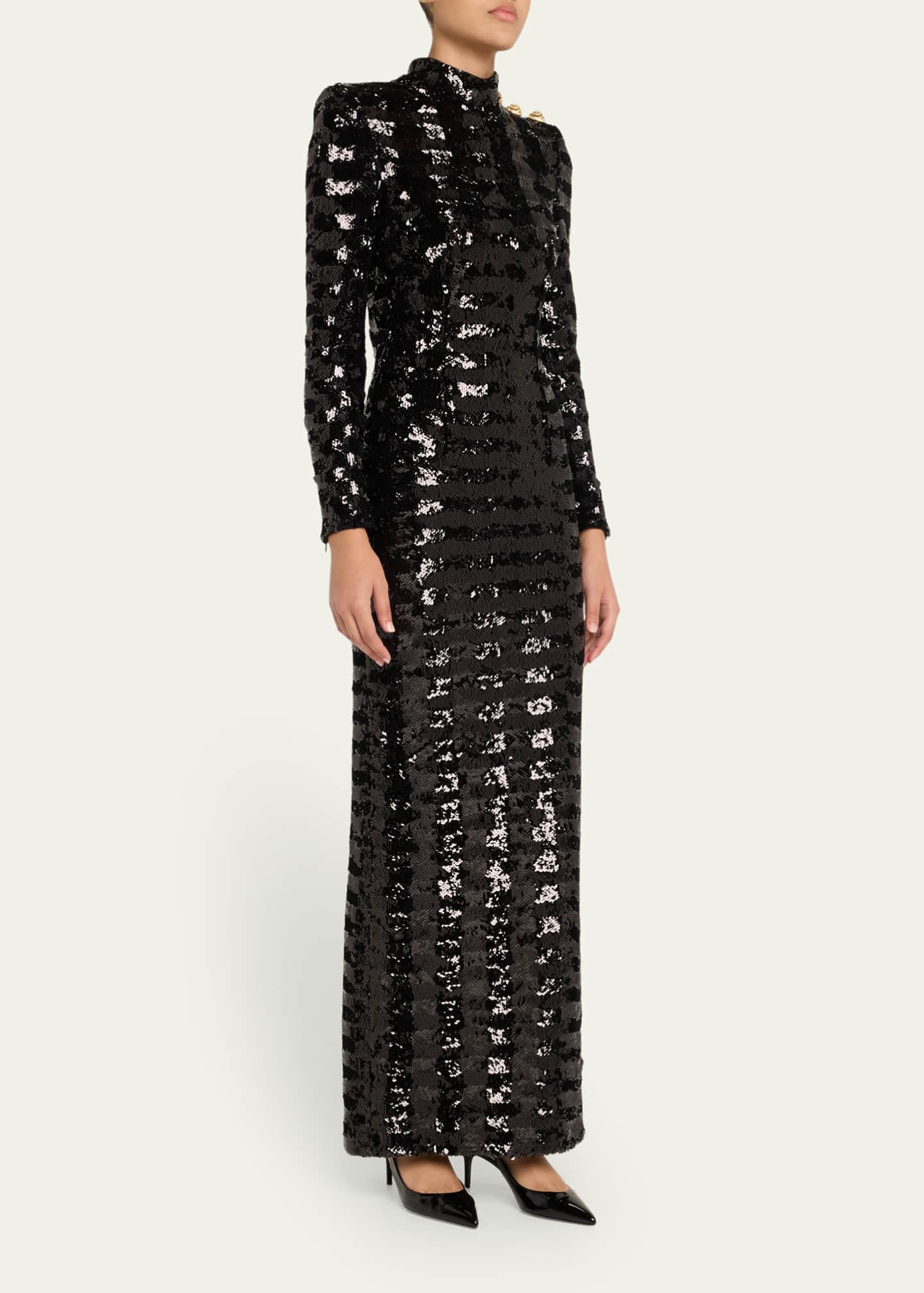 Balmain Three-Button Sequin Embroidered Backless Gown - Bergdorf Goodman
