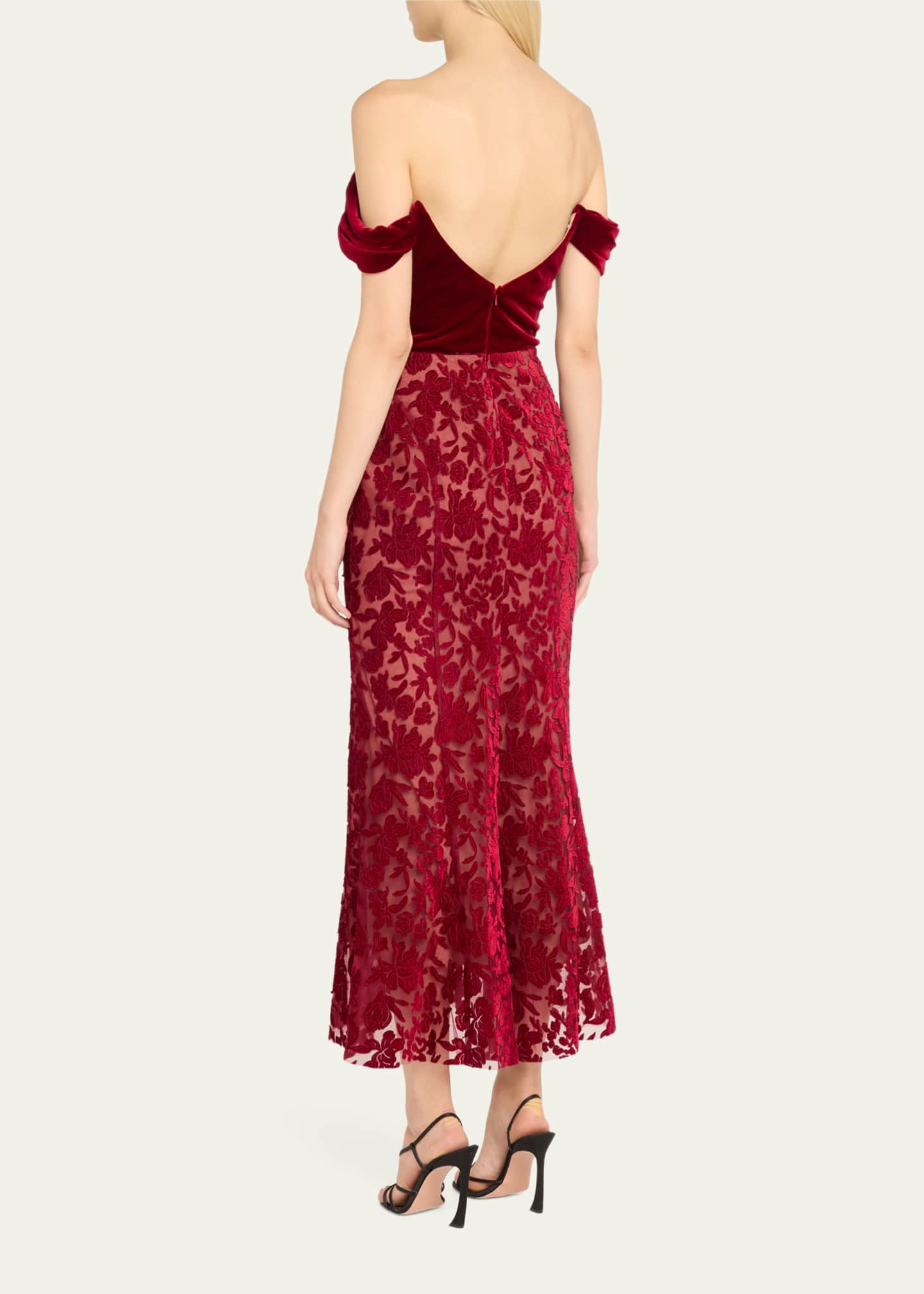 Marchesa Notte Off Shoulder Floral Velvet Midi Dress Bergdorf Goodman