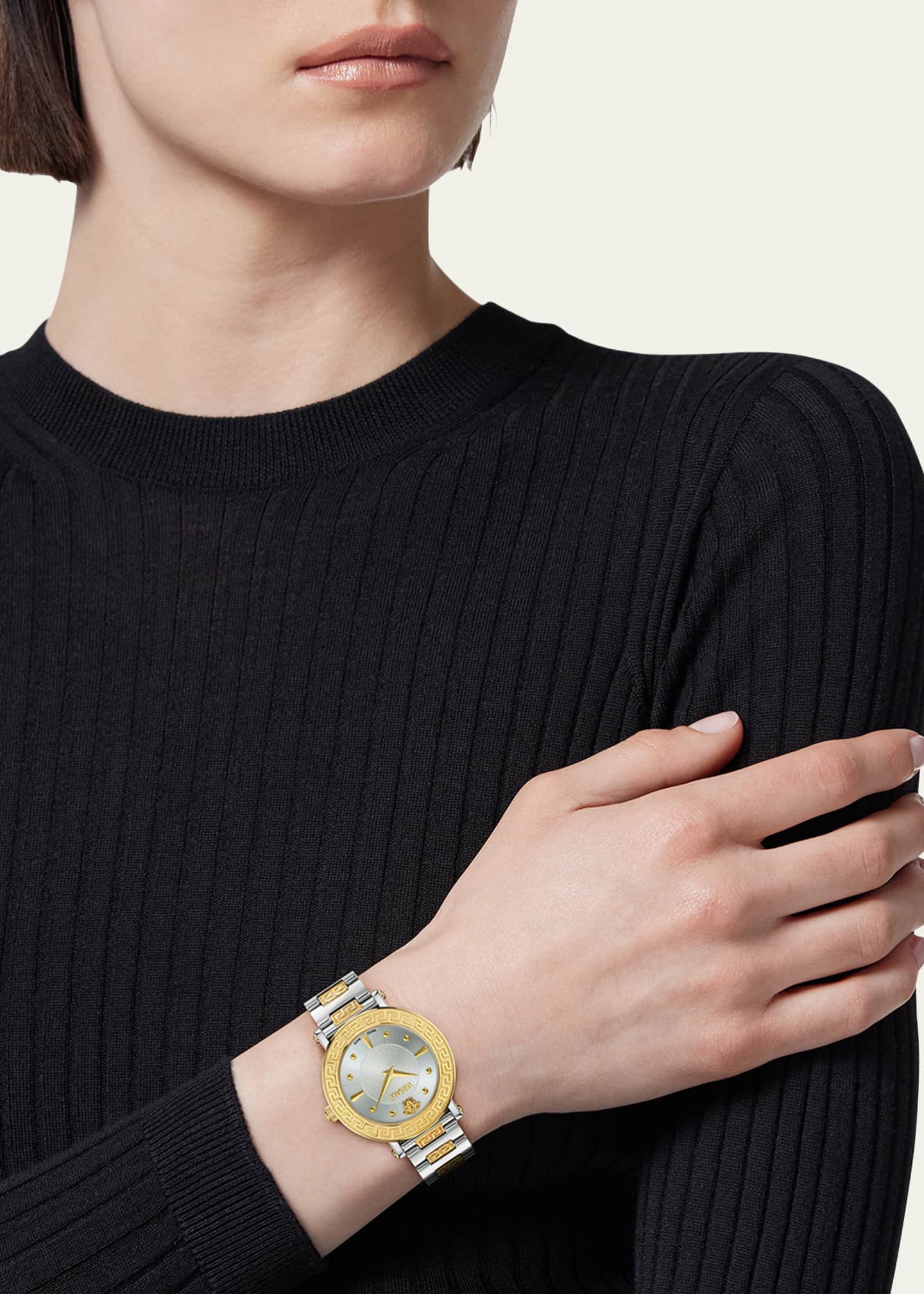 Versace 35mm Greca Sphere Watch with Bracelet Strap, Steel/Gold ...