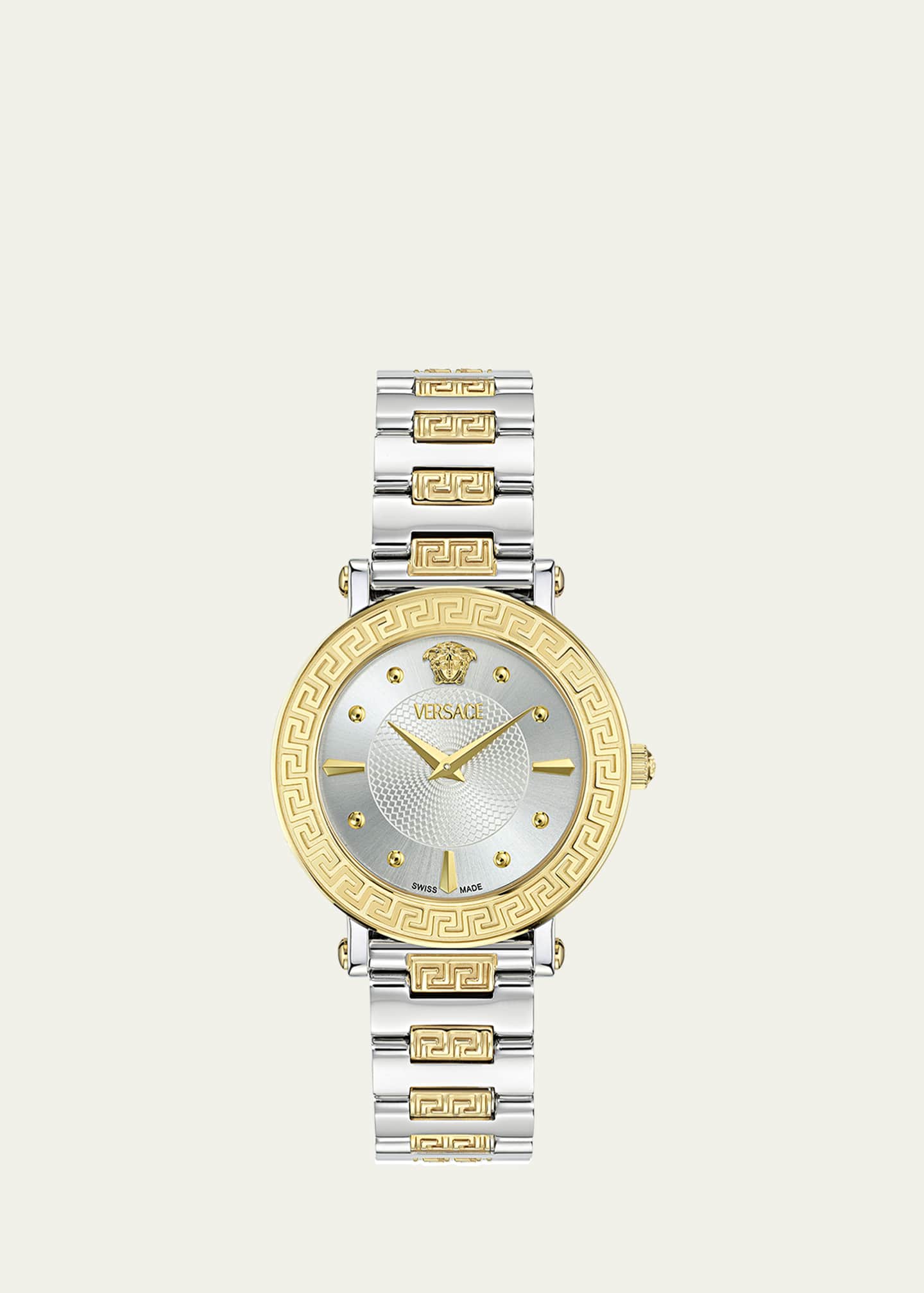 Versace 35mm Greca Sphere Watch with Bracelet Strap, Steel/Gold ...