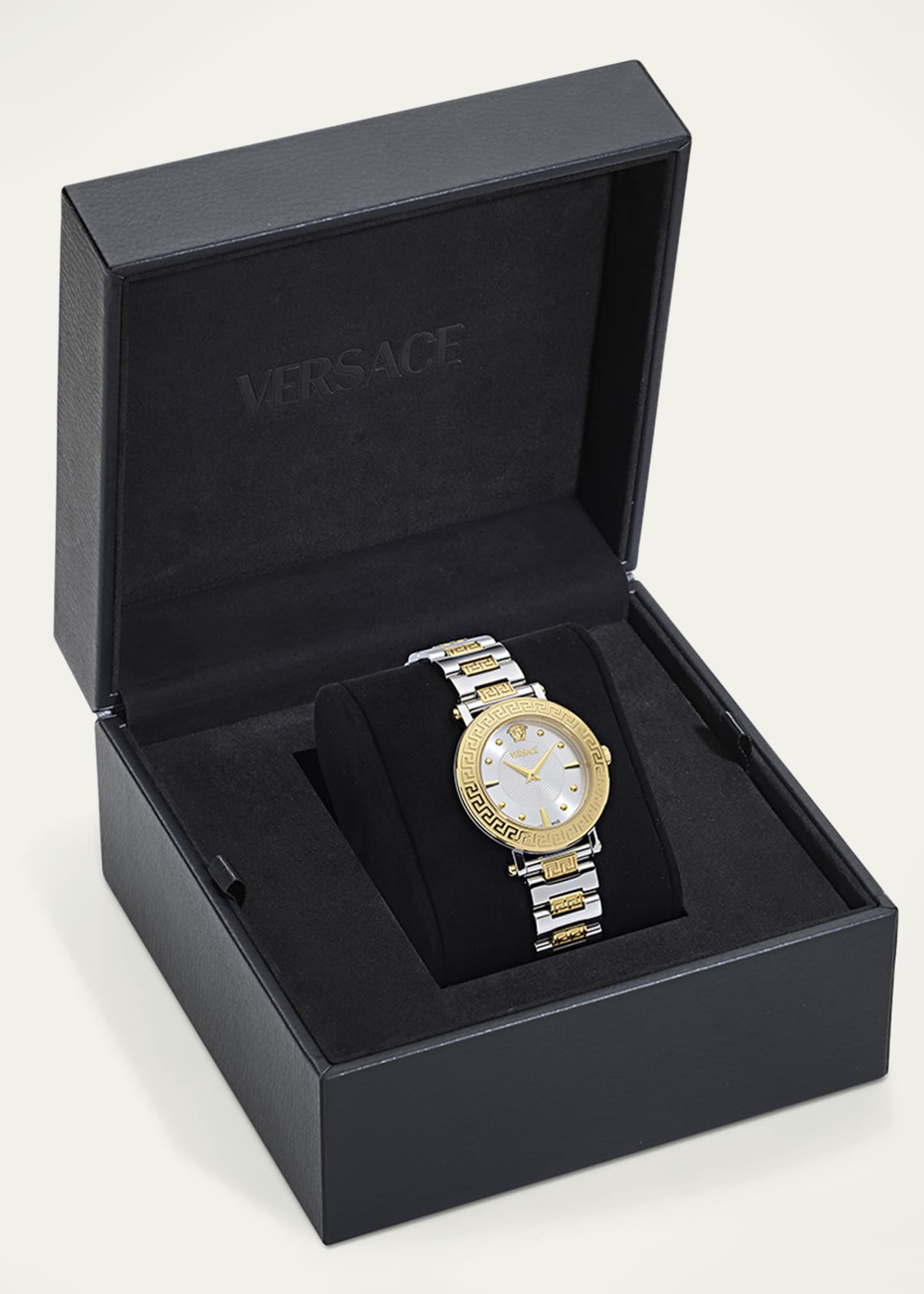Versace 35mm Greca Sphere Watch with Bracelet Strap, Steel/Gold ...