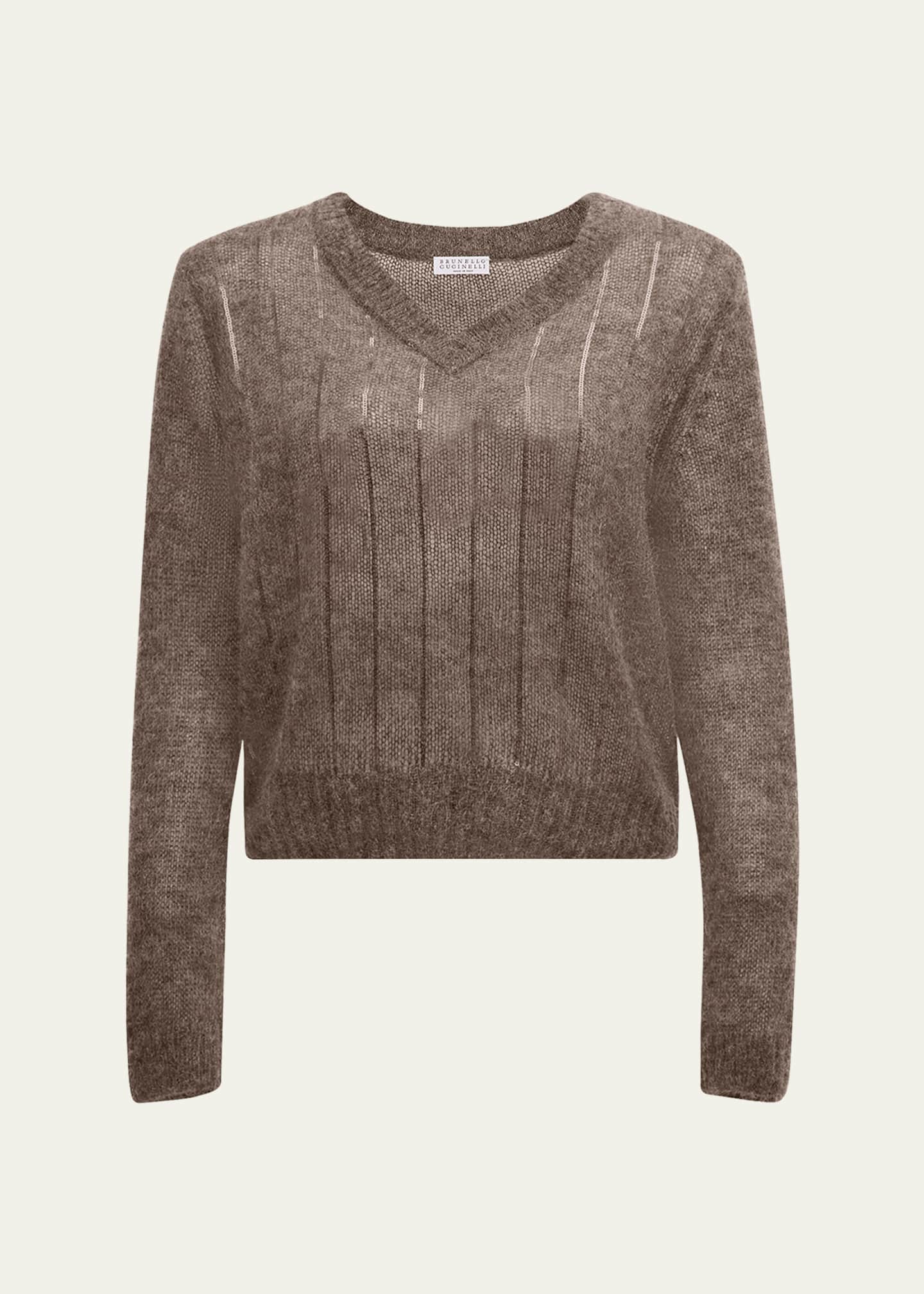 Brunello Cucinelli Tonal Sequin Pinstripe V-Neck Mohair Sweater ...