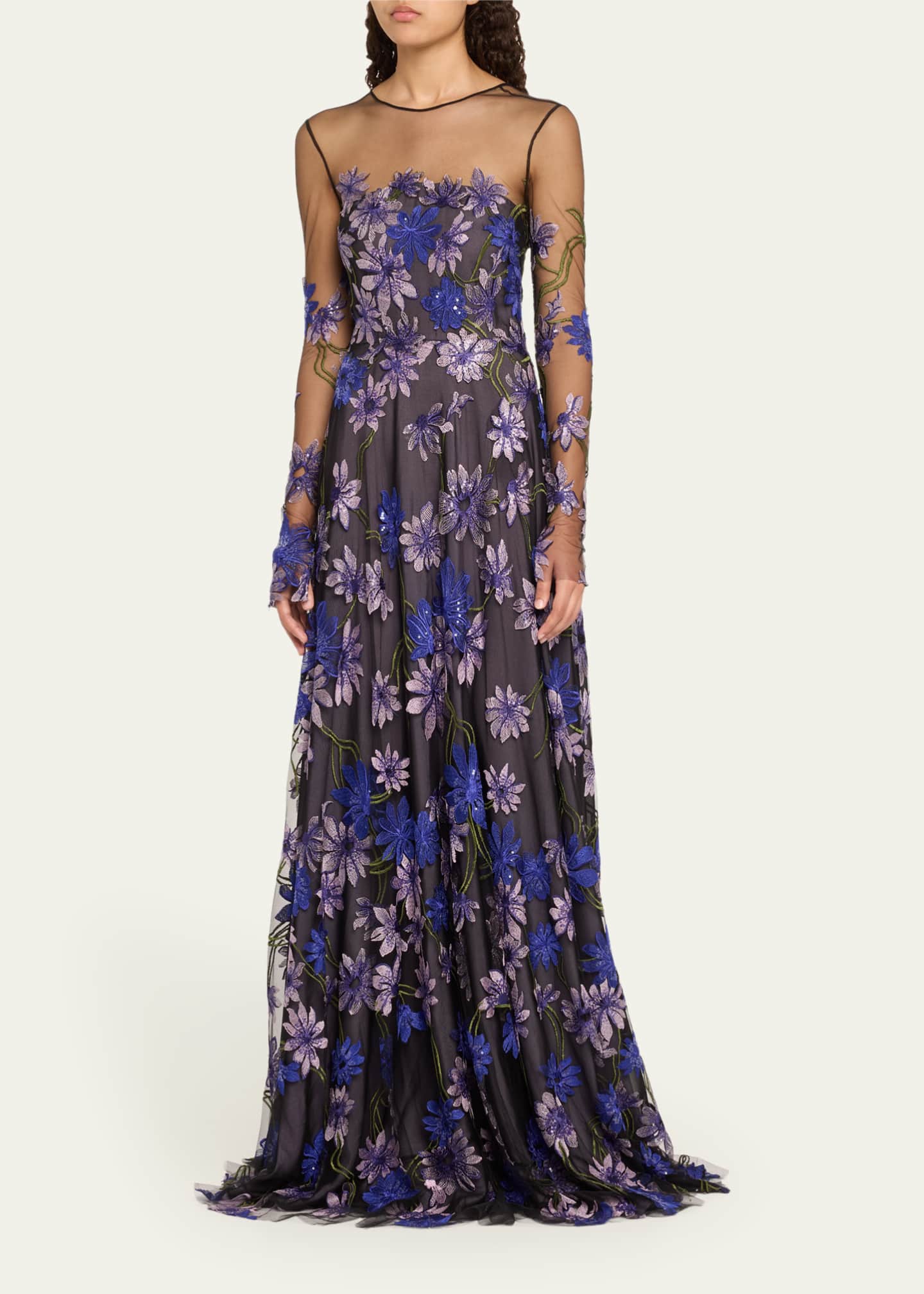 Naeem Khan Floral-Embroidered Long-Sleeve Illusion Gown - Bergdorf Goodman