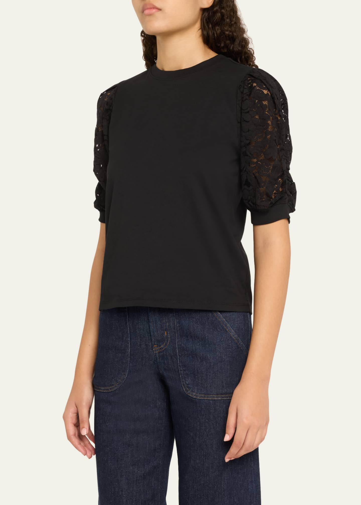 FRAME Frankie Lace-Sleeve Tee - Bergdorf Goodman