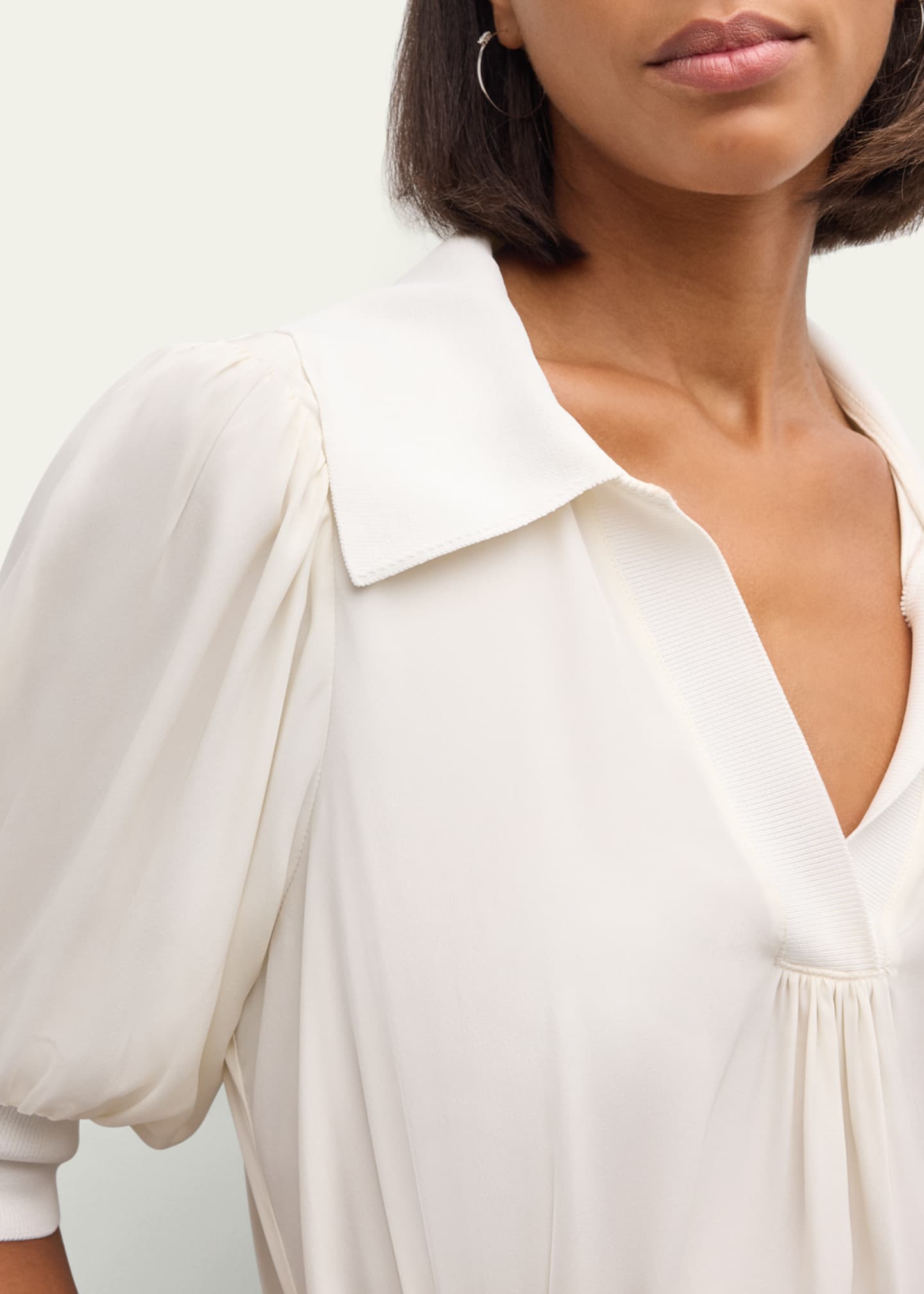 Cinq a Sept Weldon Collared V-Neck Short-Sleeve Silk Combo Top ...