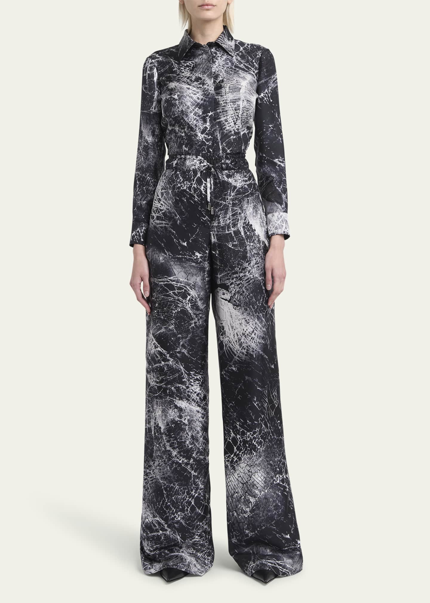 McQueen Smashed Screen Print Drawstring Wide Leg Silk Trousers ...