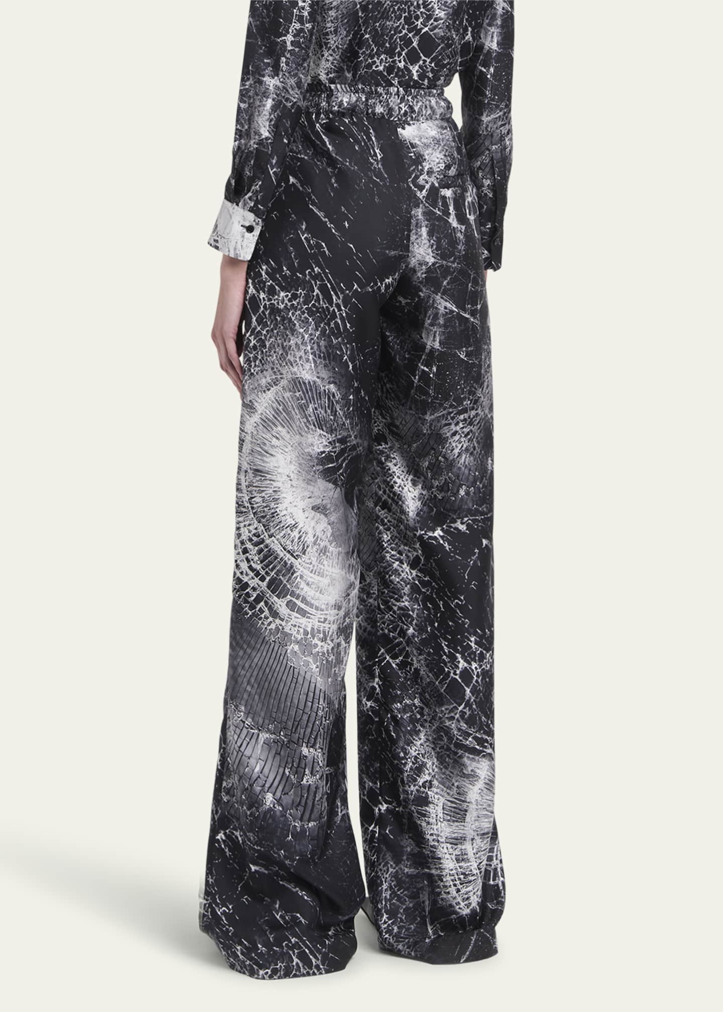McQueen Smashed Screen Print Drawstring Wide Leg Silk Trousers ...