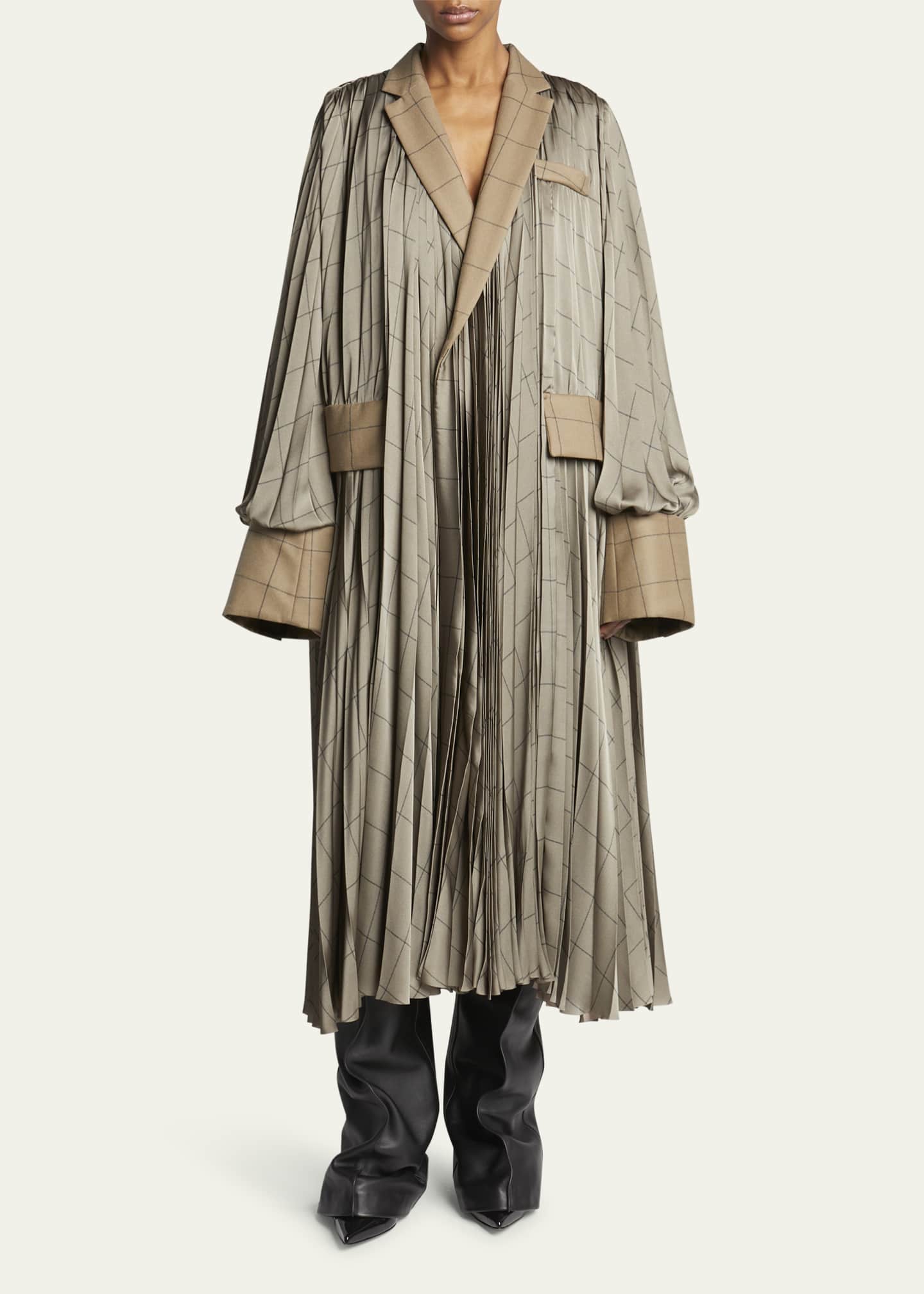 SACAI Windowpane Oversized Pleated Wool Coat - Bergdorf Goodman