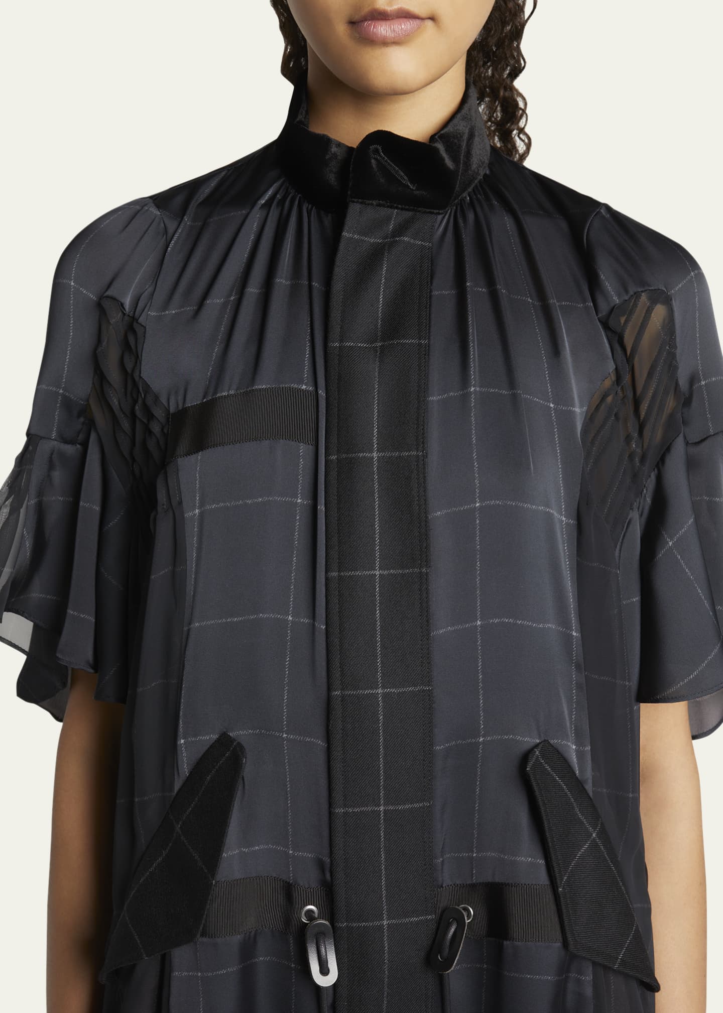 SACAI High Neck Sheer Windowpane Print Pleated Dress - Bergdorf Goodman