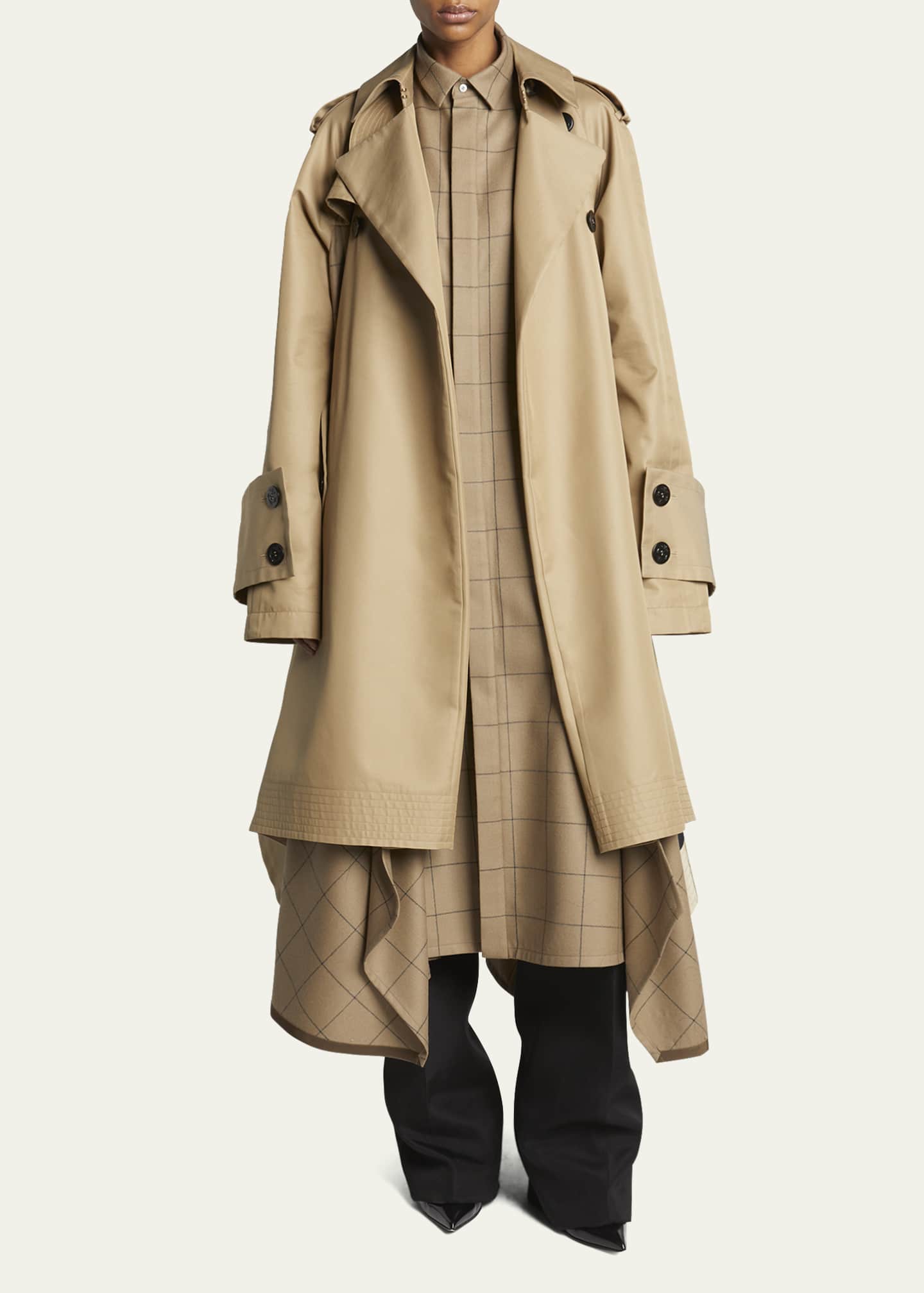 SACAI Collared Trench Coat with Windowpane Print Underlay - Bergdorf ...
