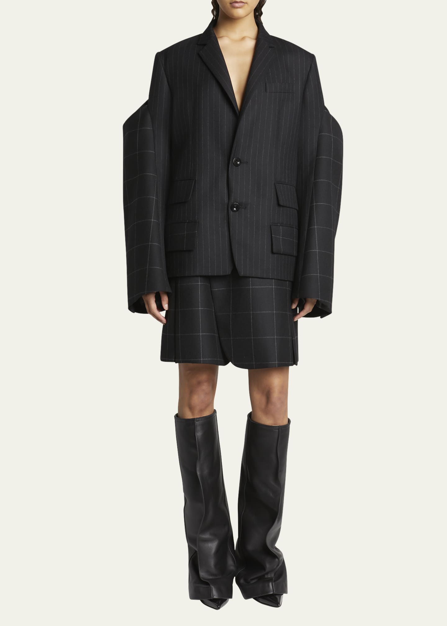 SACAI Pinstripe Windowpane Wool Blazer with Oversized Sleeves ...