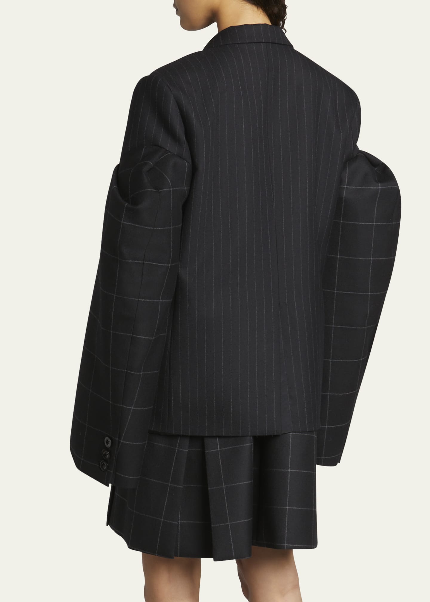 SACAI Pinstripe Windowpane Wool Blazer with Oversized Sleeves ...