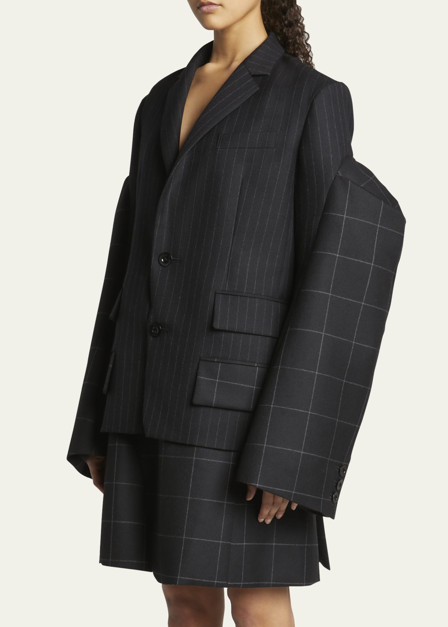 SACAI Pinstripe Windowpane Wool Blazer with Oversized Sleeves ...