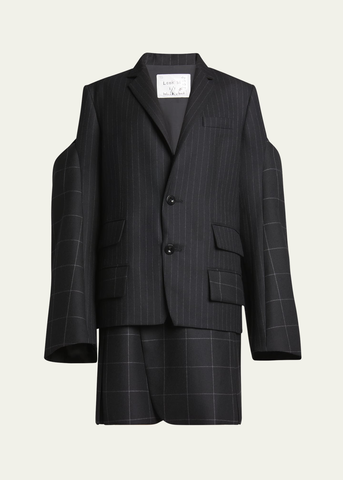 SACAI Pinstripe Windowpane Wool Blazer with Oversized Sleeves ...