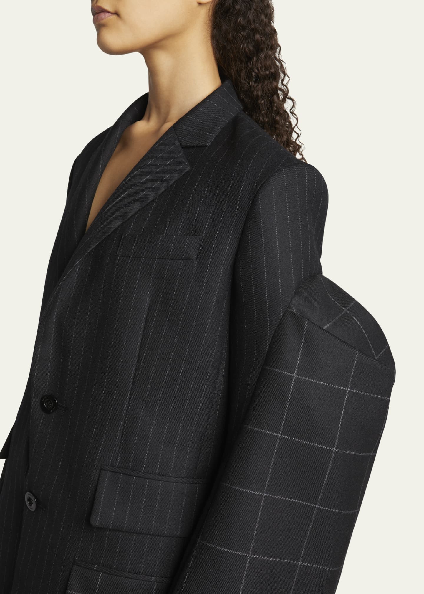 SACAI Pinstripe Windowpane Wool Blazer with Oversized Sleeves ...